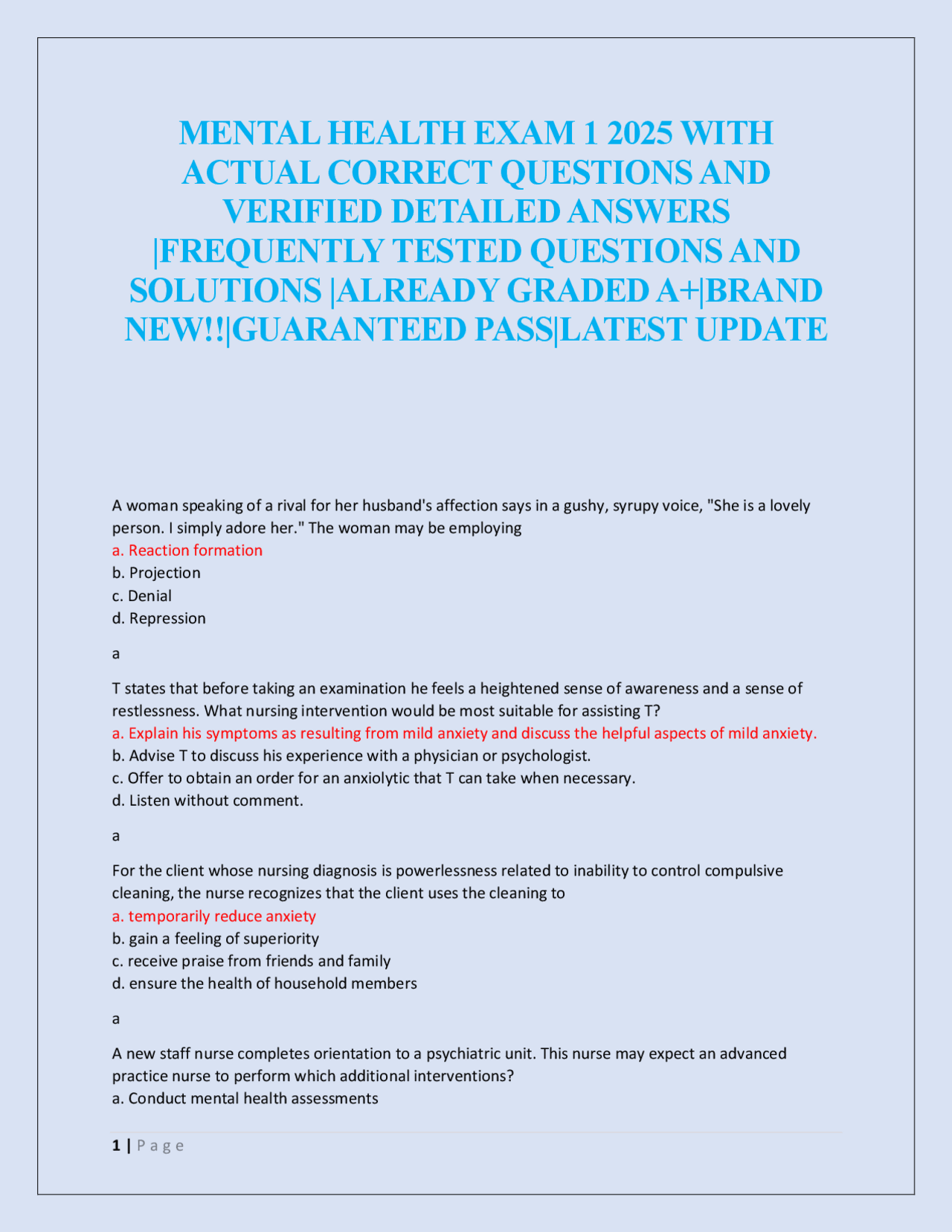 Mental Health Exam 1 2025: Frequently Tested Questions and Solutions ...