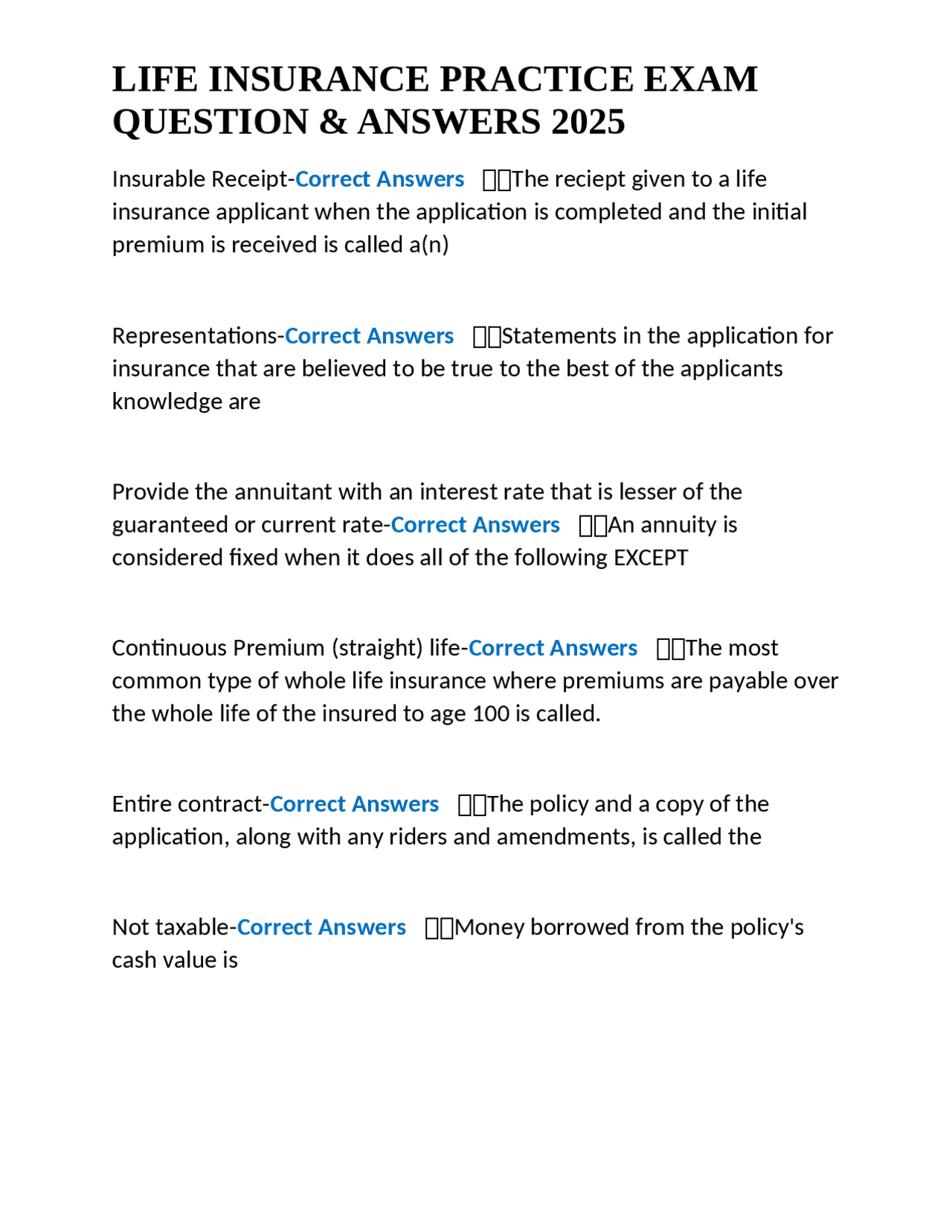 Life Insurance Practice Exam: Questions & Answers 2025 | Exams Nursing ...