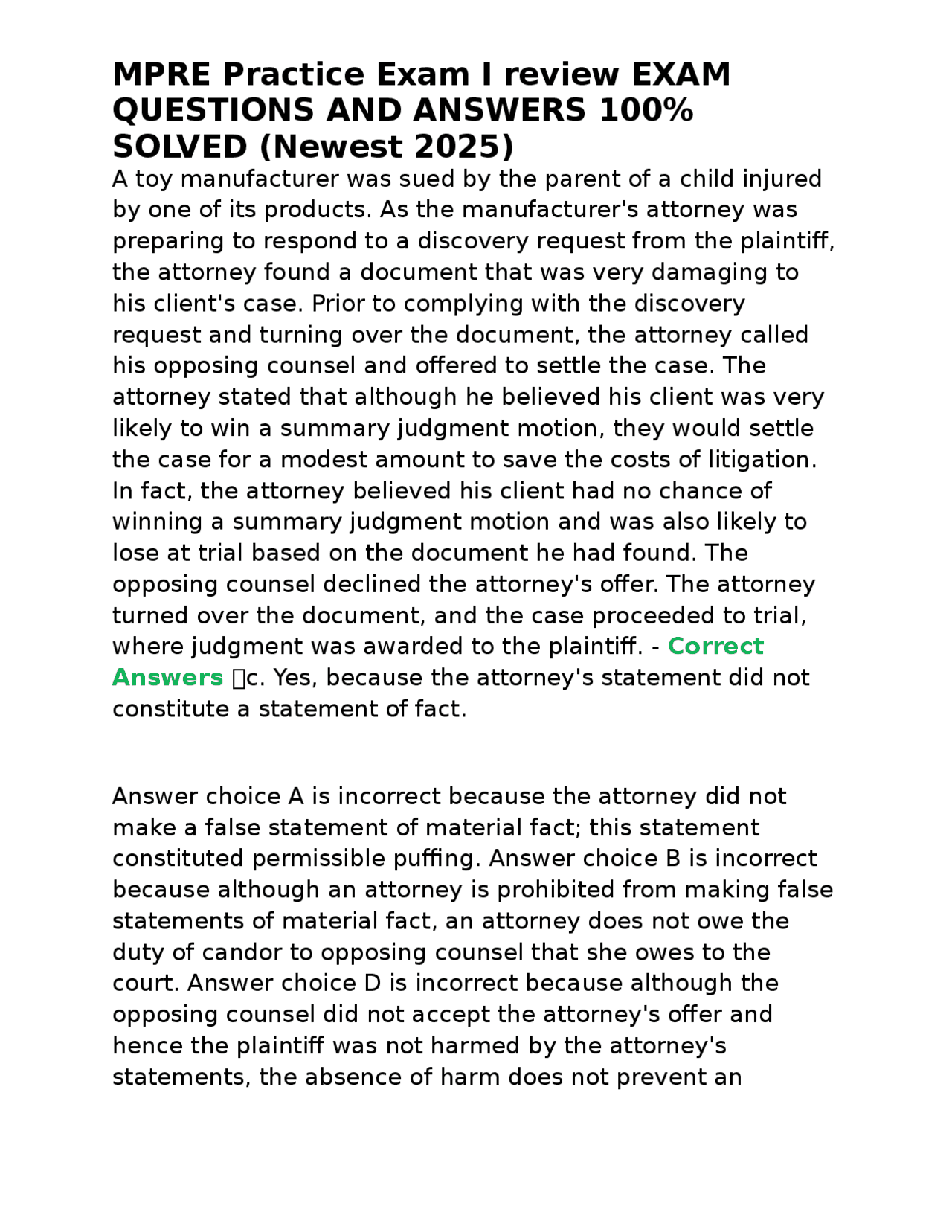 MPRE Practice Exam I Review: Questions and Answers (Newest 2025 ...