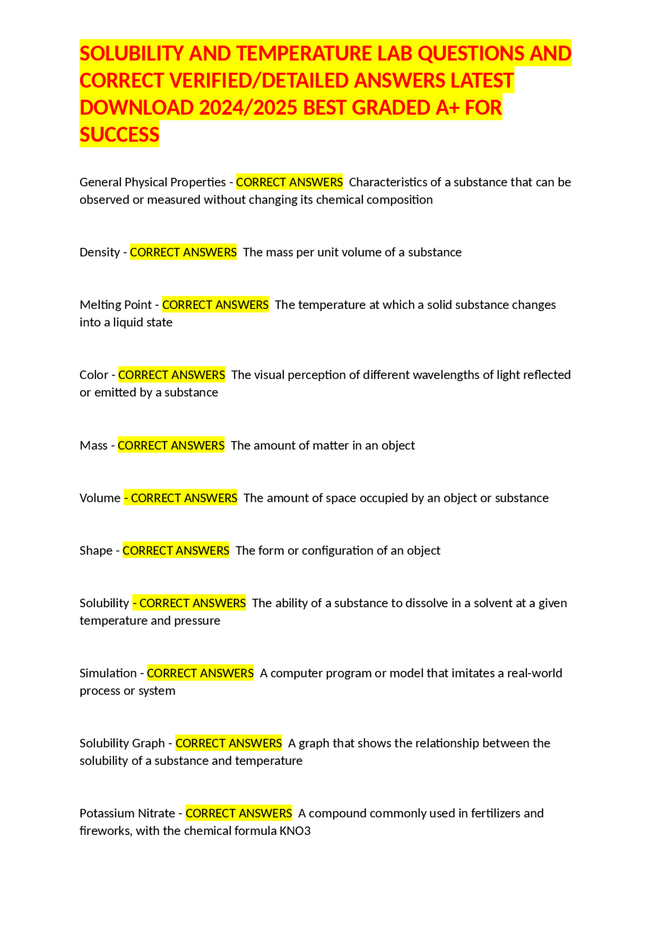 Solubility and Temperature Lab: Questions and Answers | Exams Nursing ...