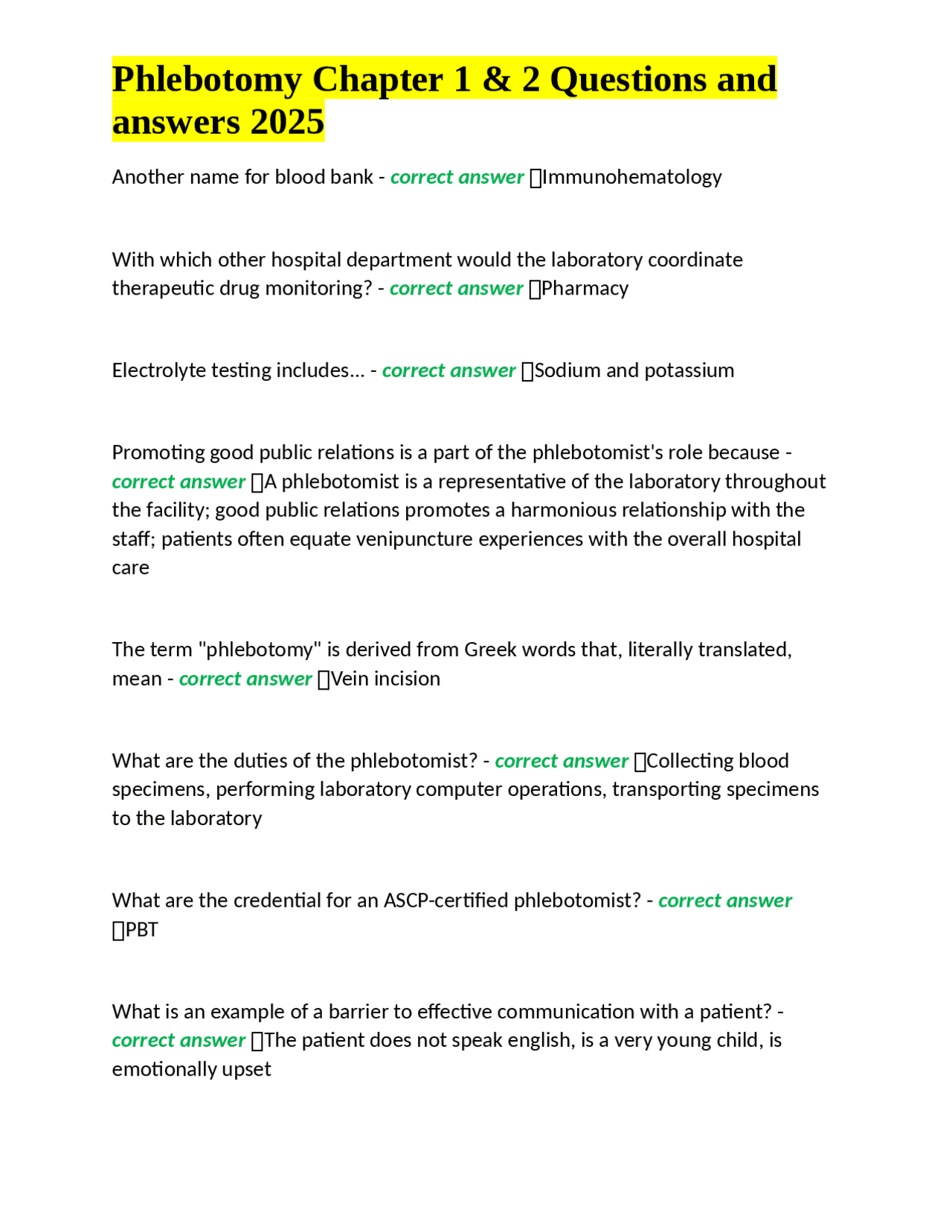 Phlebotomy Chapter 1 & 2 Questions and Answers: A Study Guide for 2025 ...