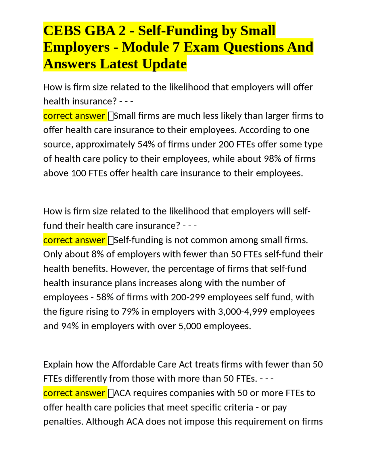 CEBS GBA 2: Self-Funding by Small Employers - Module 7 Exam Questions ...