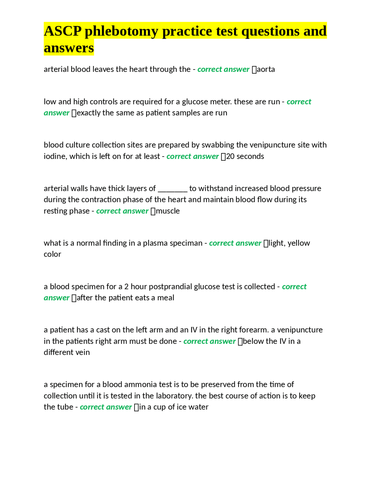 ASCP Phlebotomy Practice Test Questions and Answers | Exams Medicine ...