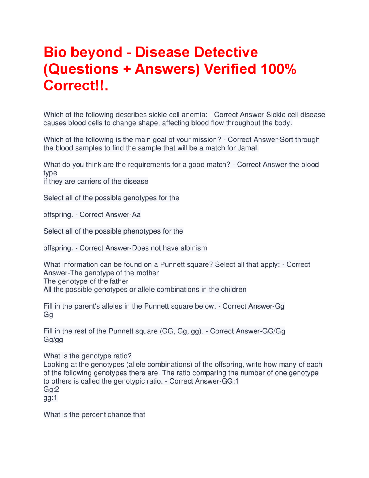 Bio beyond - Disease Detective (Questions + Answers) Verified 100% ...
