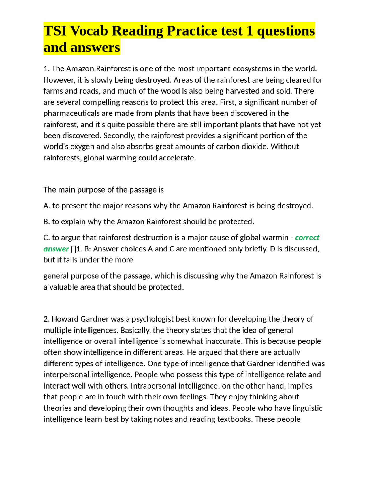 TSI Vocab Reading Practice Test 1: Questions and Answers | Exams ...