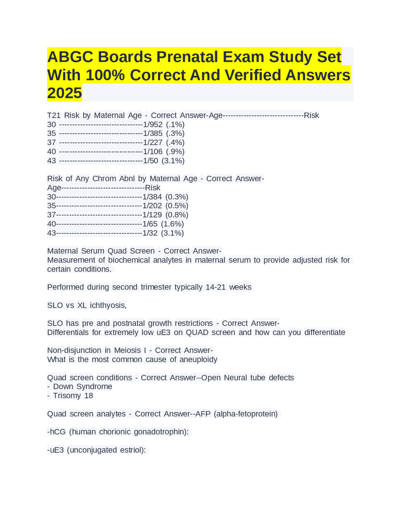 Prenatal Exam Study Set: Questions and Answers for ABGC Boards | Exams ...