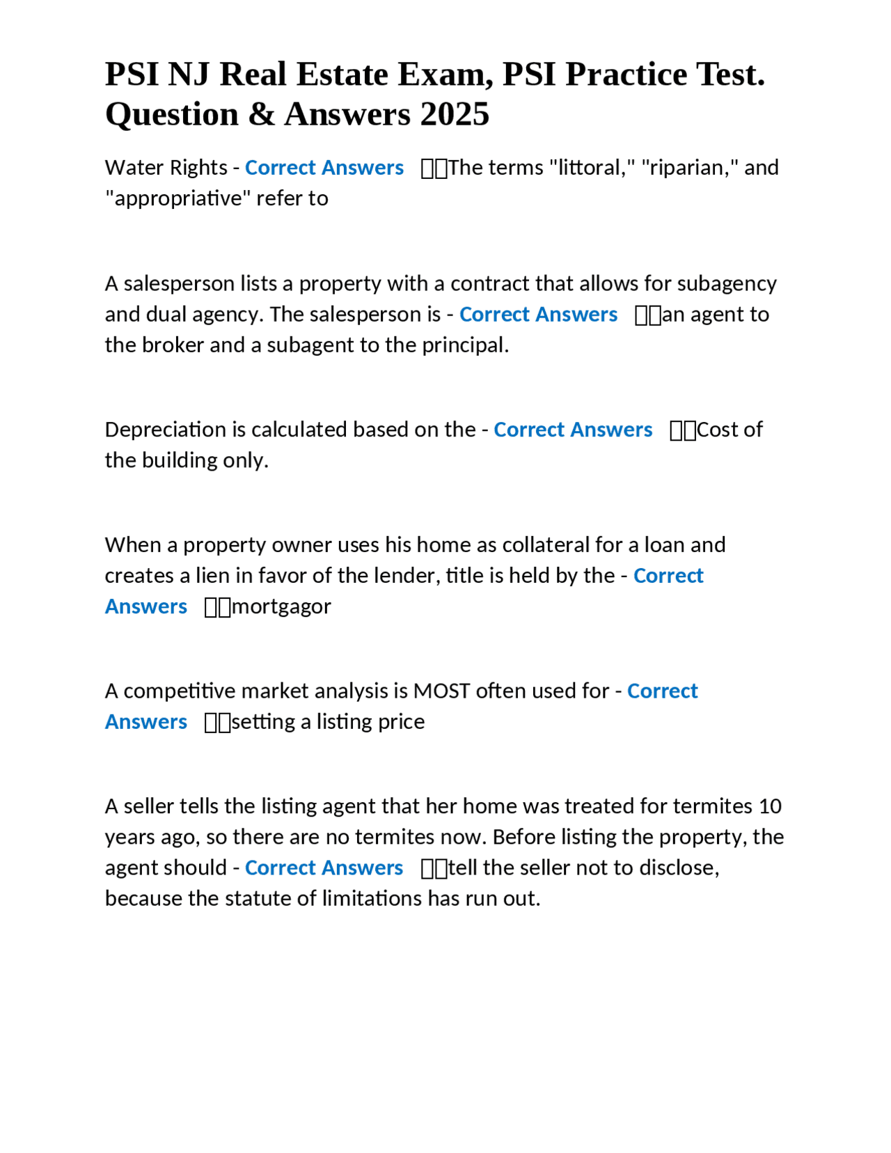 PSI NJ Real Estate Exam Practice Test: Questions and Answers 2025 ...
