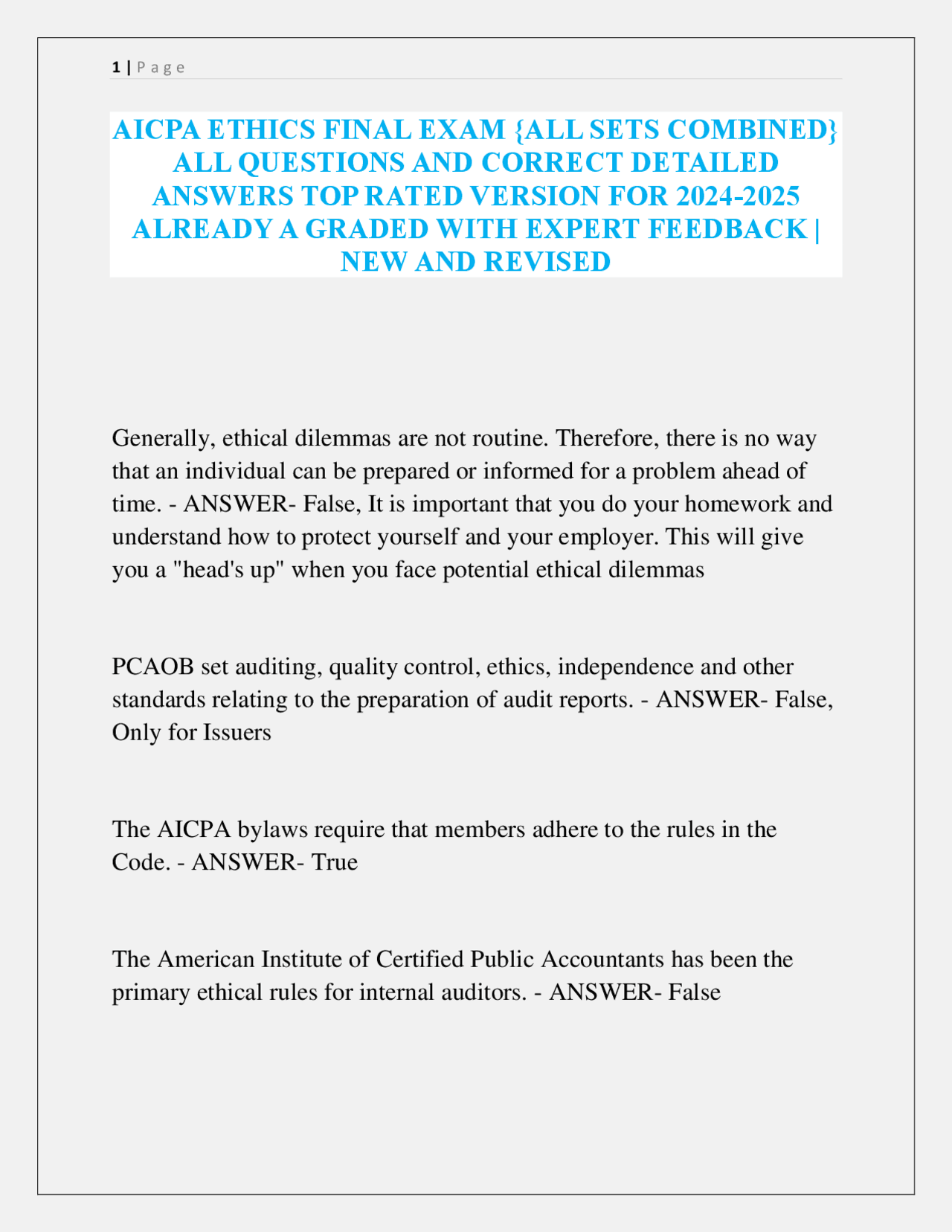 AICPA Ethics Final Exam: Questions and Answers for 2024-2025 | Exams Nursing | Docsity