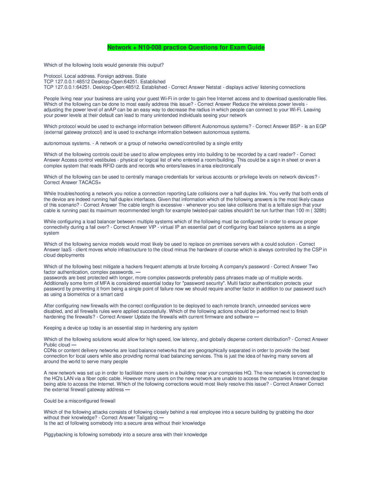 Network+ N10-008 Practice Questions for Exam Guide | Exams Network ...