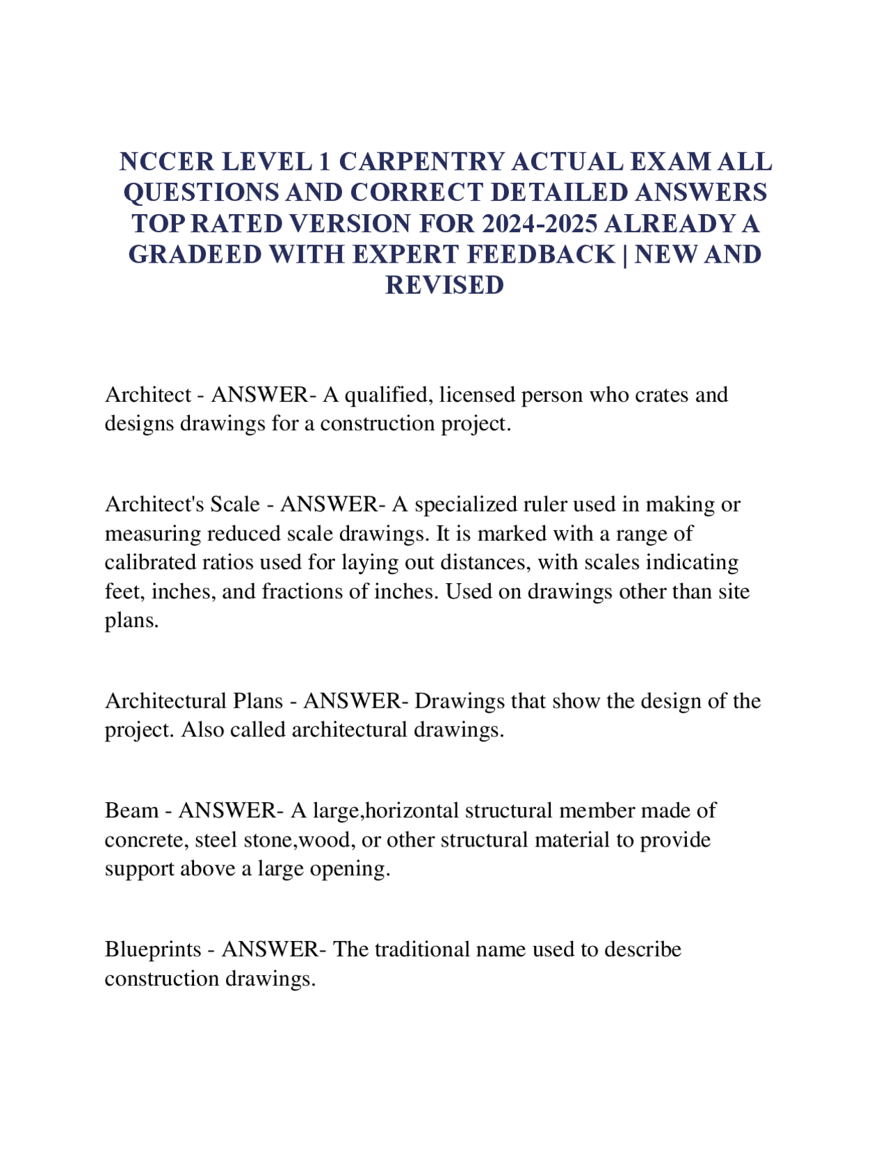 NCCER LEVEL 1 CARPENTRY ACTUAL EXAM ALL QUESTIONS AND CORRECT DETAILED ...