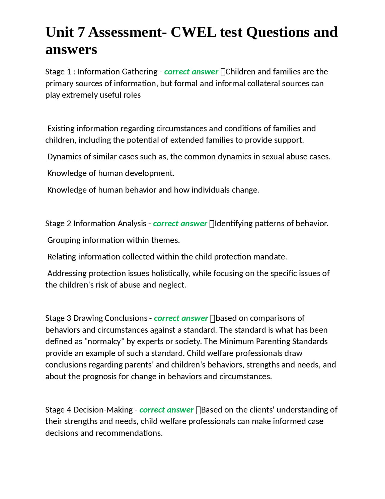 CWEL Test Questions and Answers: Unit 7 Assessment | Exams Childhood ...