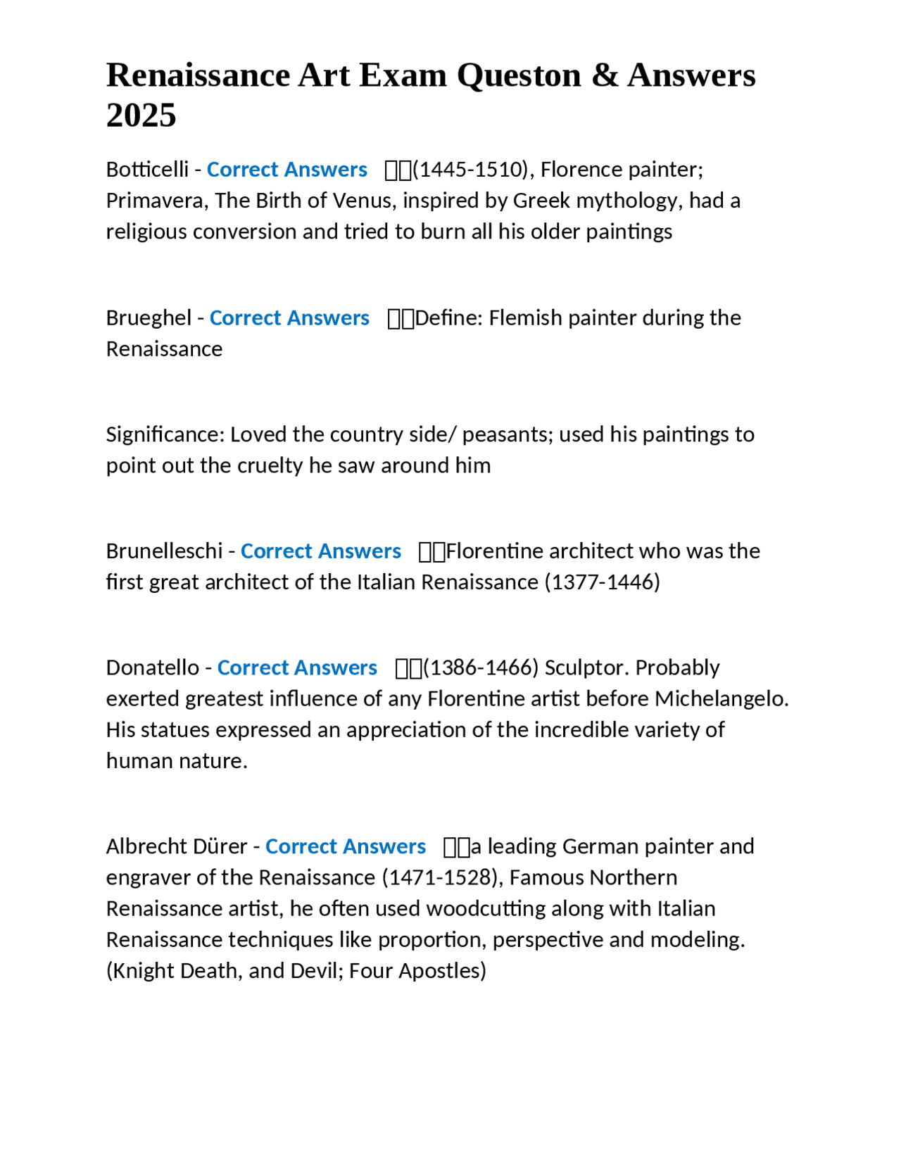 Renaissance Art Exam Questions and Answers | Exams Nursing | Docsity