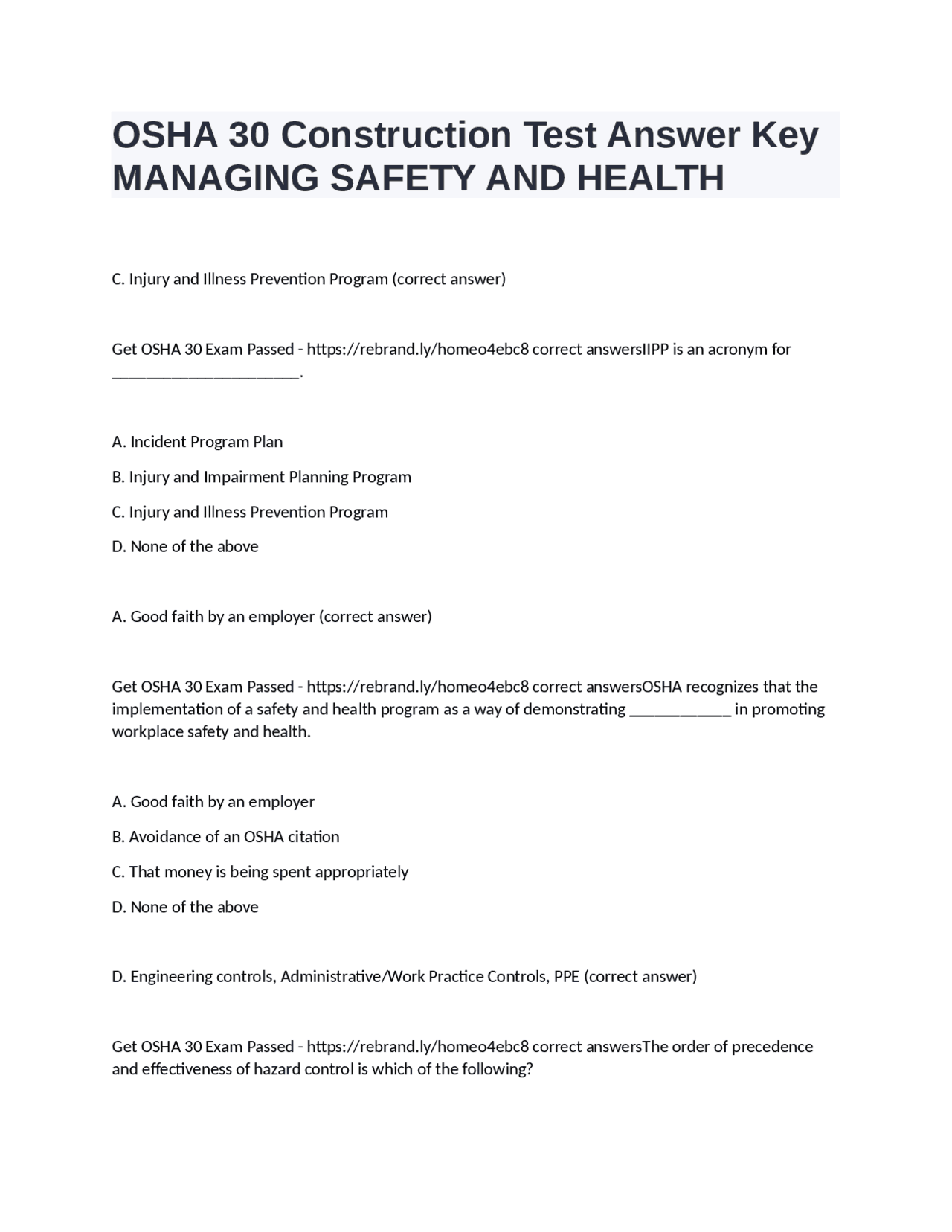 OSHA 30 Construction Test Answer Key: Managing Safety and Health ...