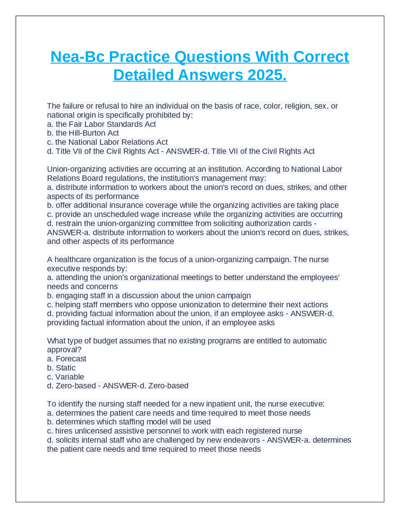 Practice Questions for Healthcare Administration: Nea-Bc Exam ...