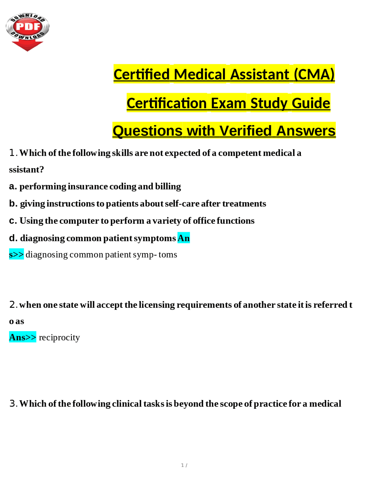 CMA Certification Exam Study Guide: Questions & Verified Answers ...