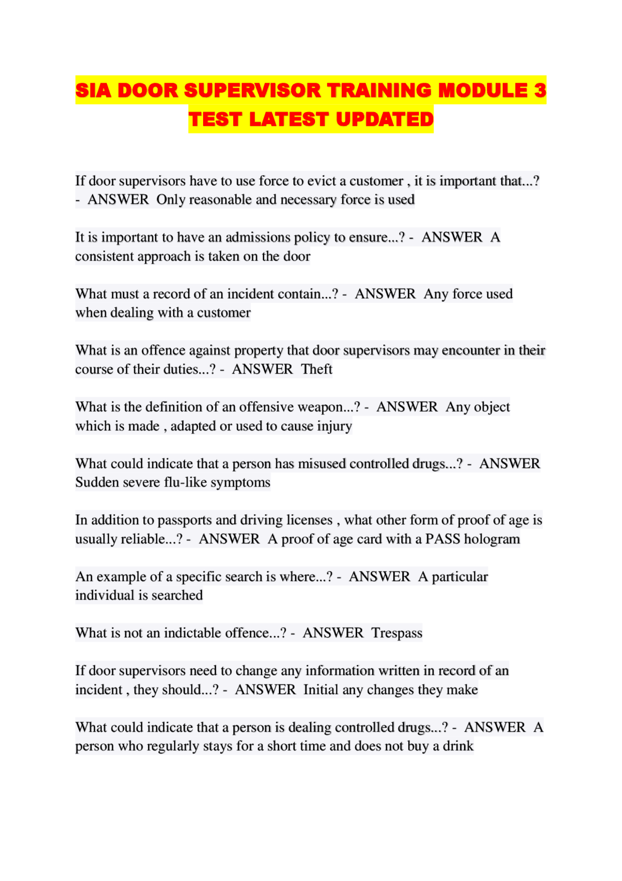 SIA Door Supervisor Training Module 3: Test Questions and Answers ...