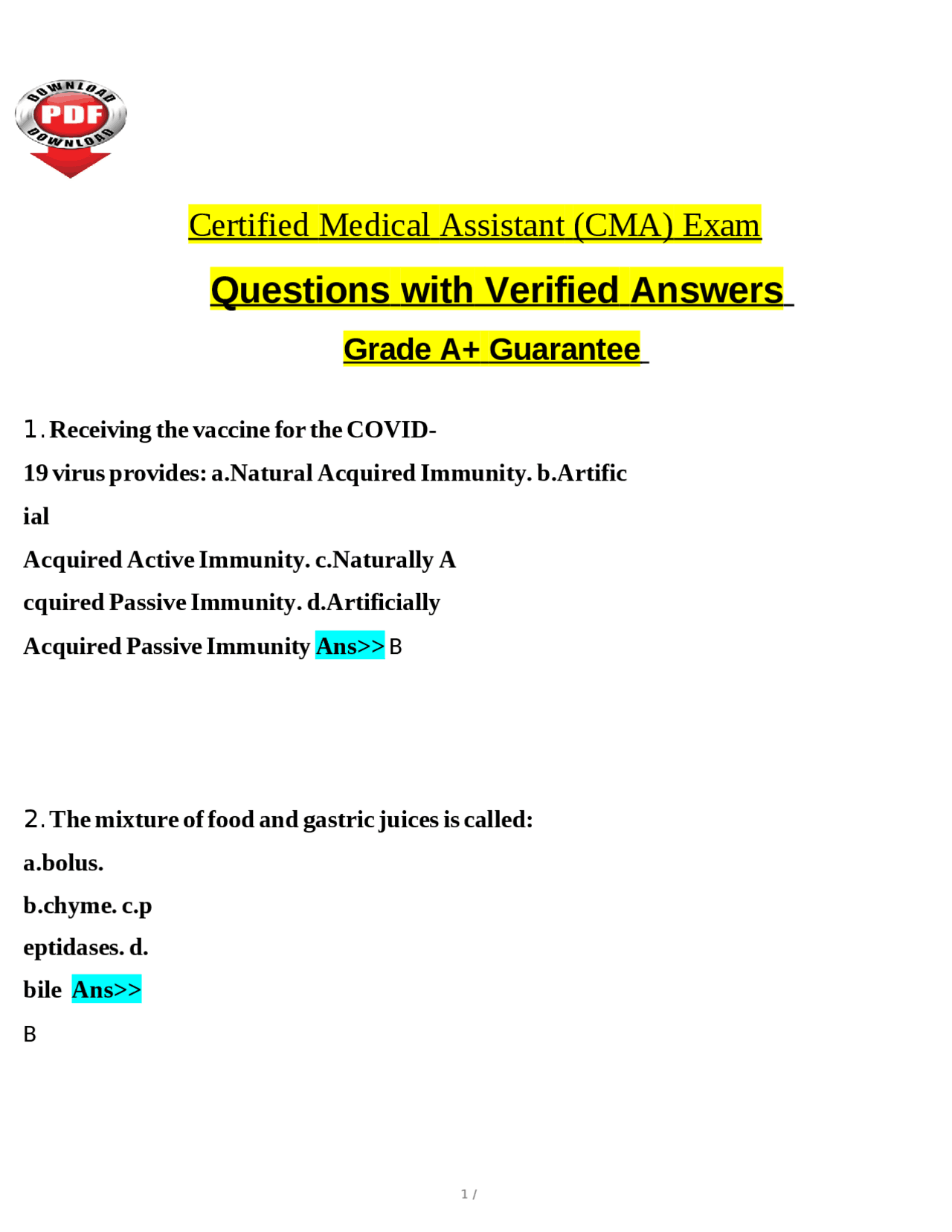 Certified Medical Assistant (CMA) Exam Questions with Verified Answers ...