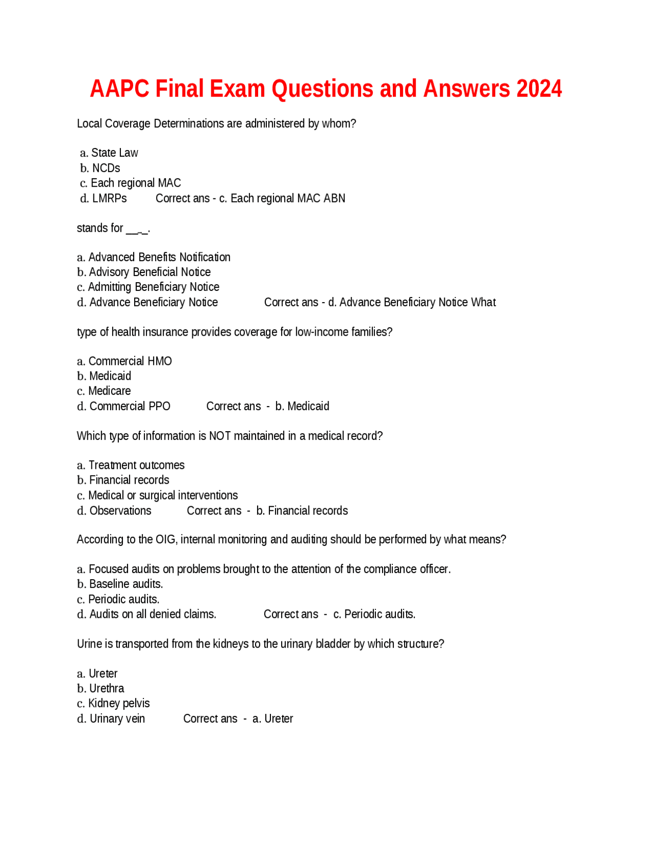 AAPC Final Exam Questions and Answers 2025 | Exams Insurance law | Docsity