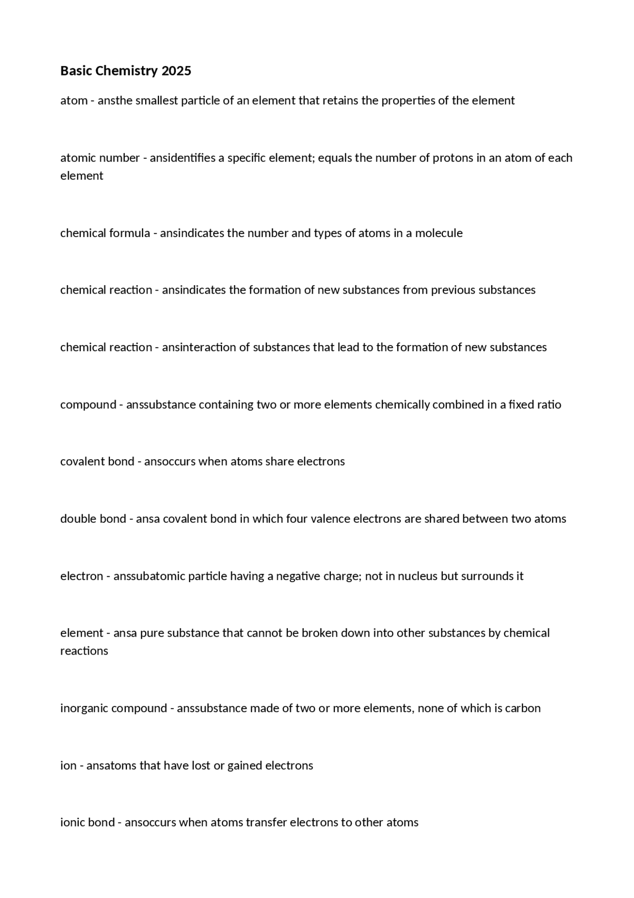 Basic Chemistry Definitions and Concepts | Exercises Chemistry | Docsity