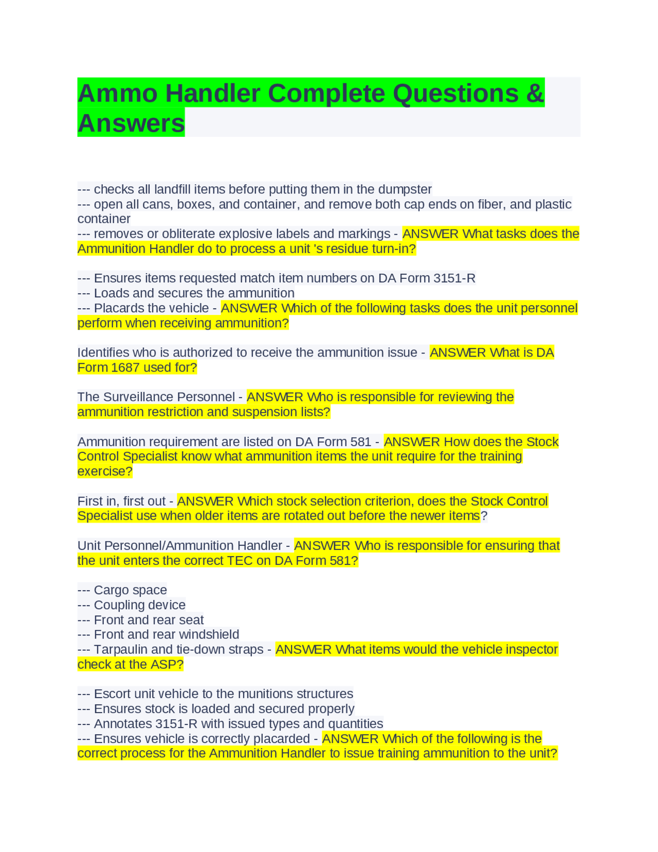 Ammo Handler Complete Questions & Answers | Exams Physics | Docsity