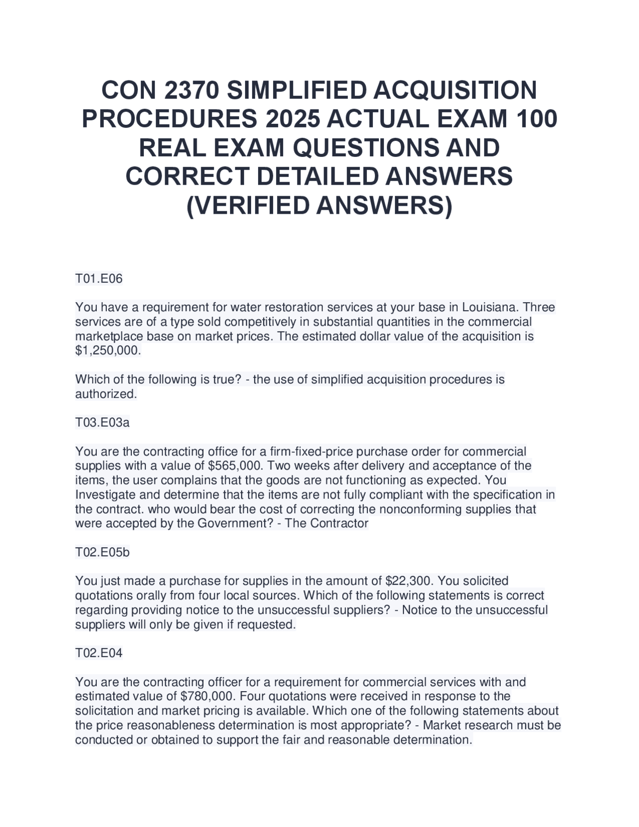 CON 2370 SIMPLIFIED ACQUISITION PROCEDURES 2025 ACTUAL EXAM 100 REAL ...