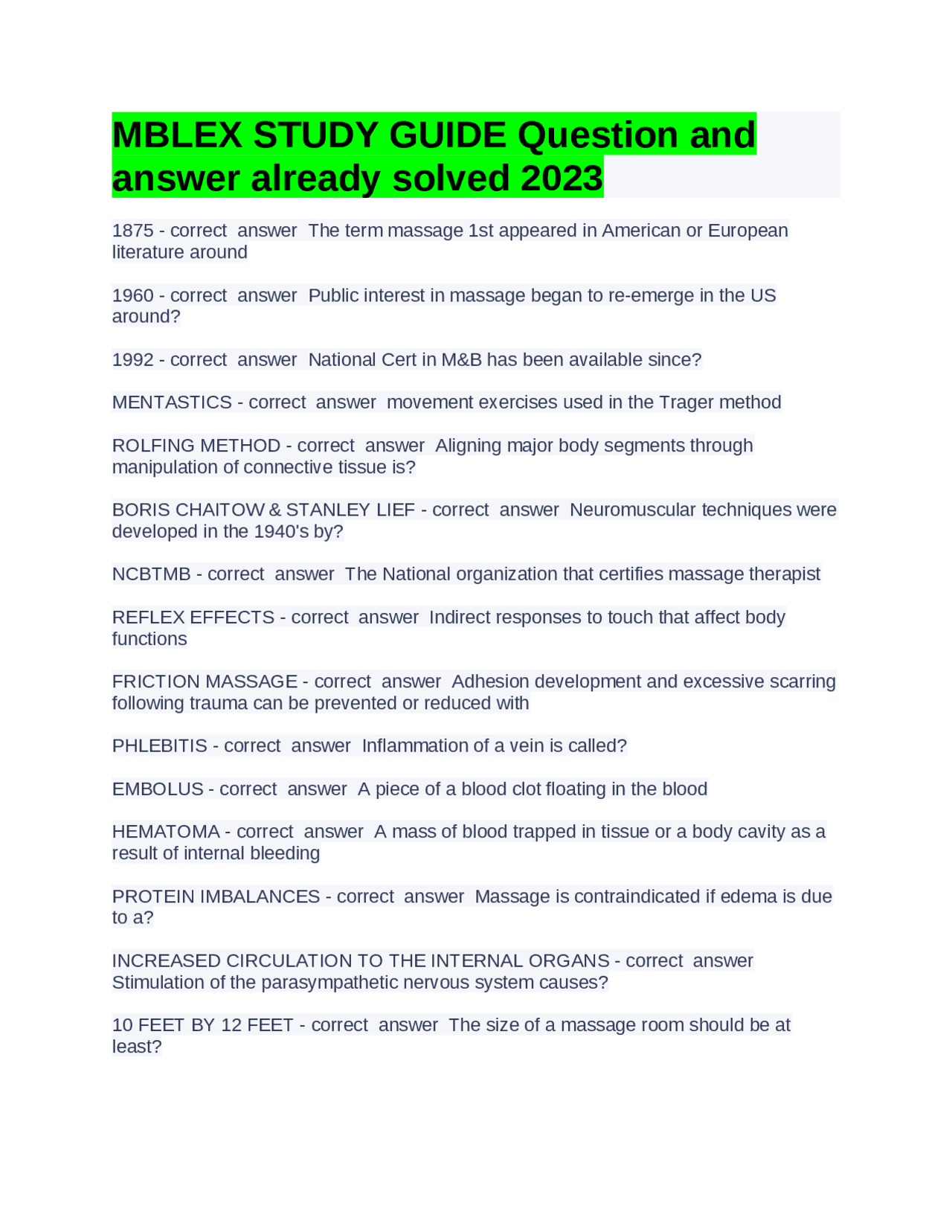 MBLEX Study Guide: Questions and Answers for Massage Therapy | Exams ...