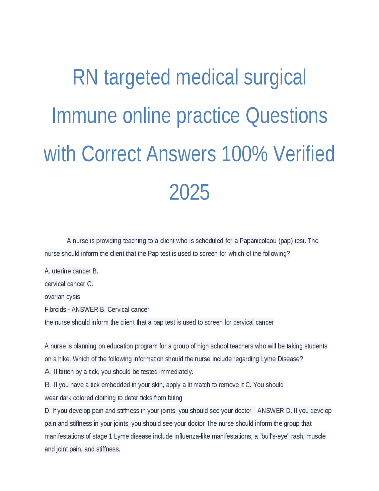 RN Targeted Medical Surgical Immune Online Practice Questions with ...