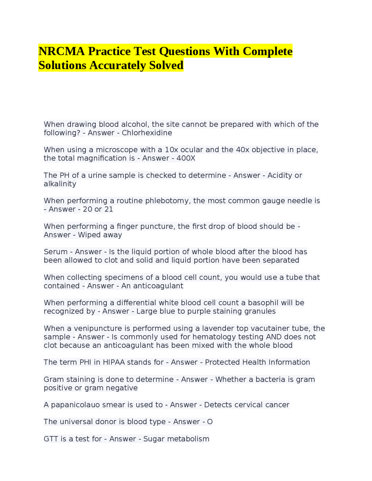 NRCMA Practice Test Questions and Answers: Medical Terminology and ...