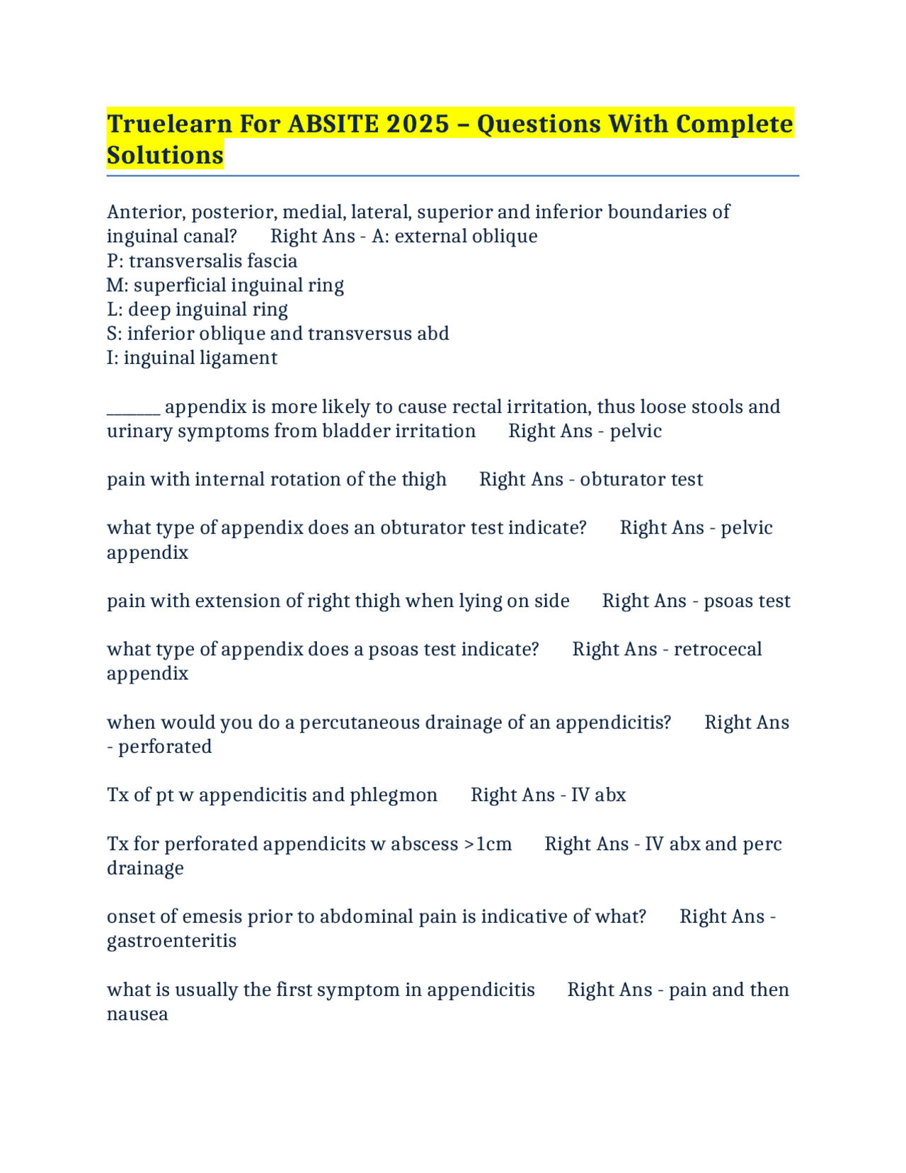 Truelearn For ABSITE 2025 – Questions With Complete Solutions | Exams ...