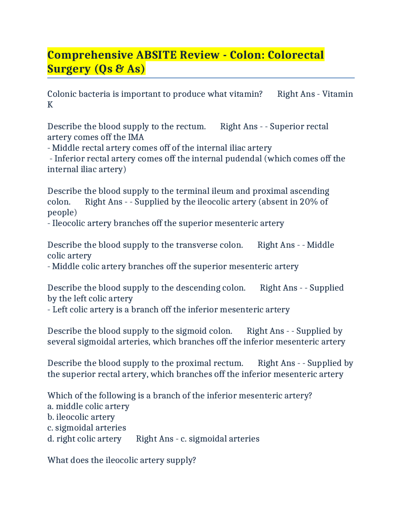 Comprehensive ABSITE Review - Colon: Colorectal Surgery (Qs & As ...
