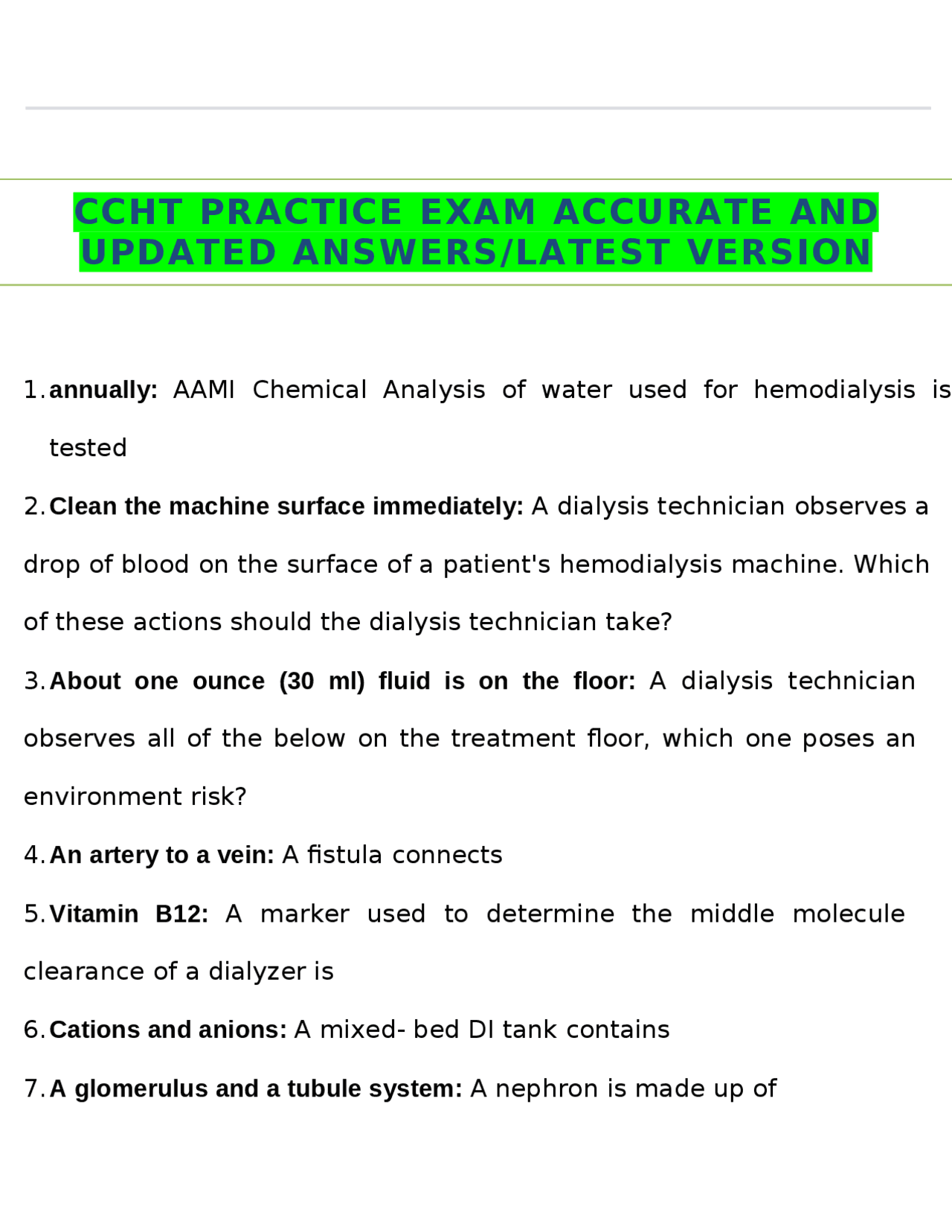 CCHT PRACTICE EXAM ACCURATE AND UPDATED ANSWERS/LATEST VERSION | Exams ...