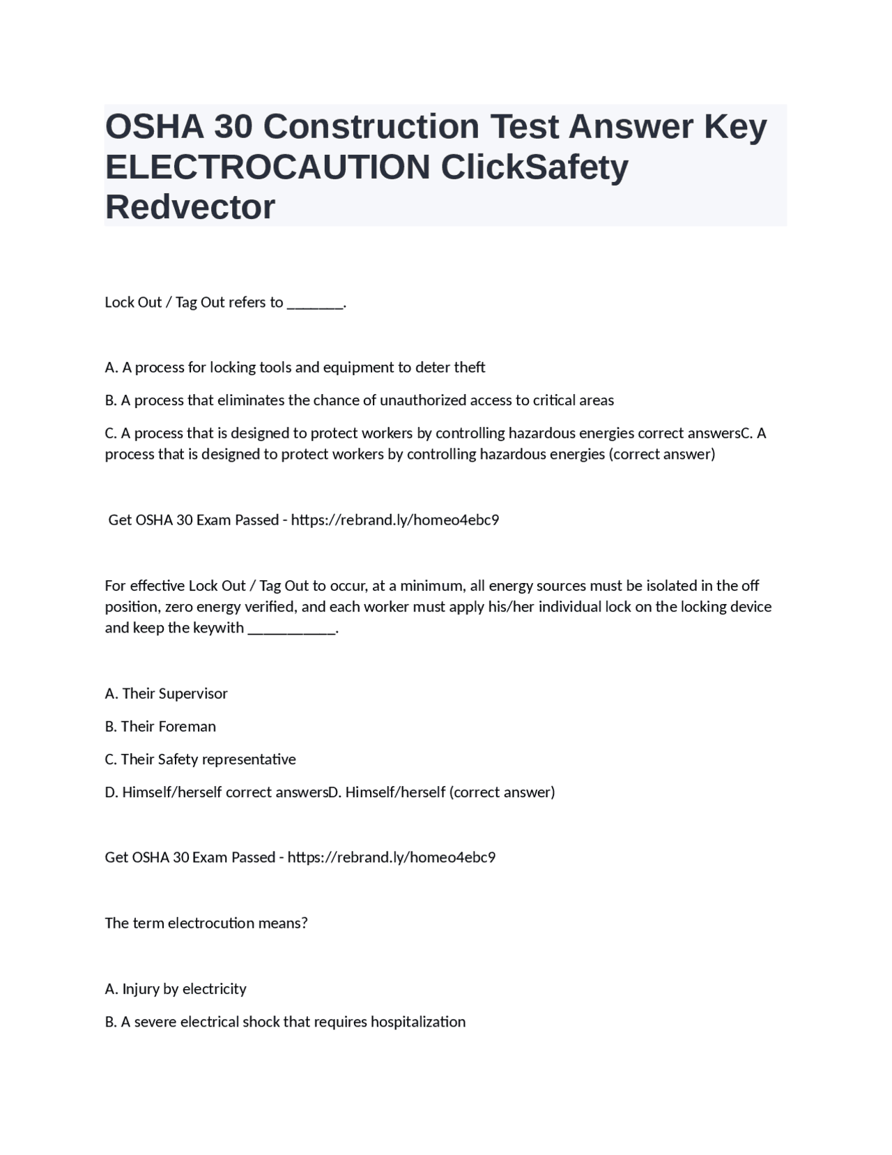 OSHA 30 Construction Test Answer Key: Electrocution Hazards | Exams ...