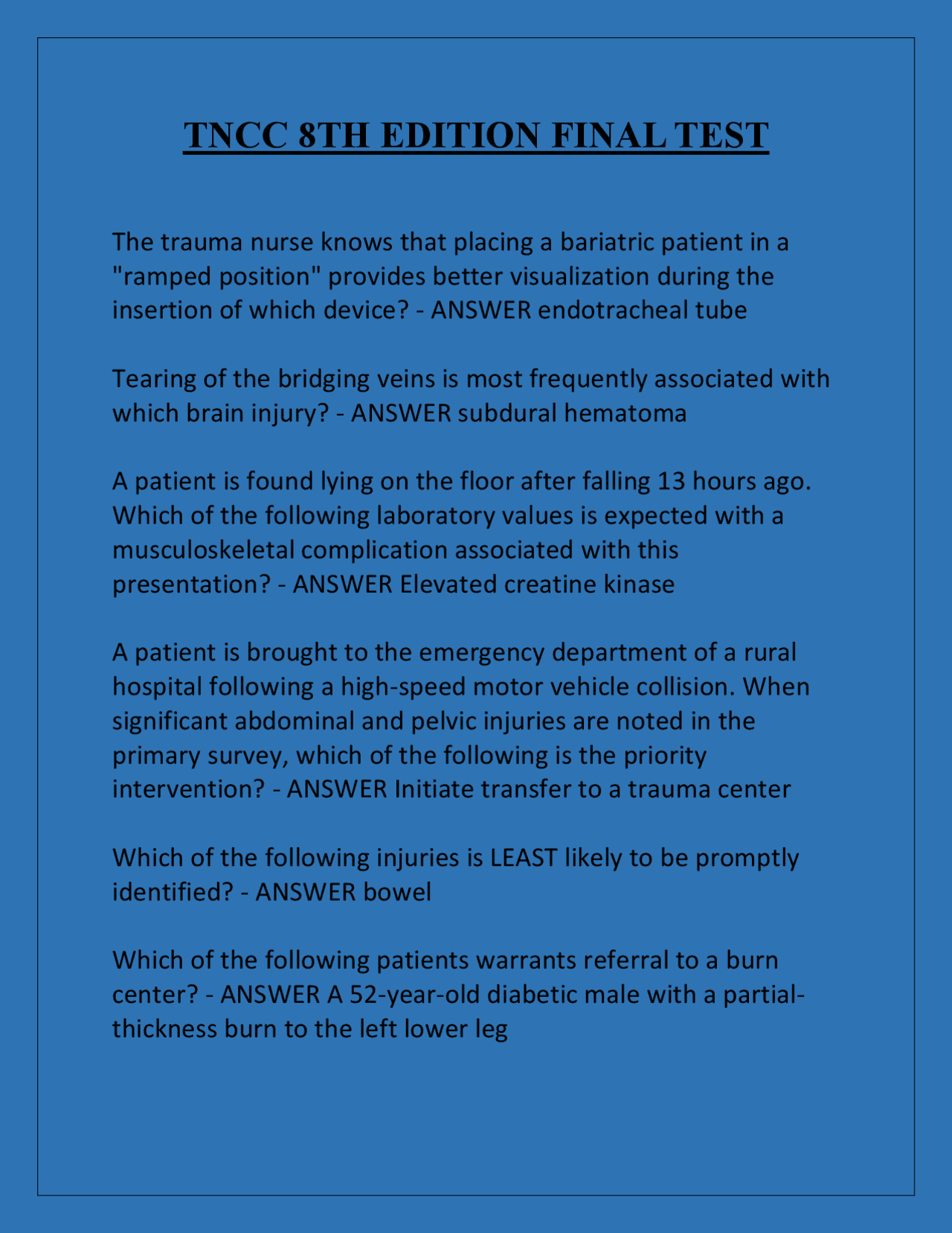 TNCC 8th Edition Final Test: Trauma Nursing Practice Questions and ...