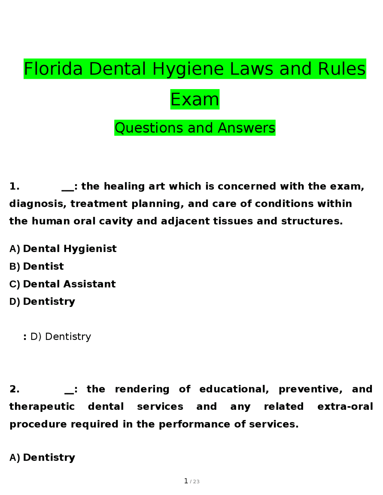 Florida Dental Hygiene Laws and Rules Exam: Questions and Answers ...