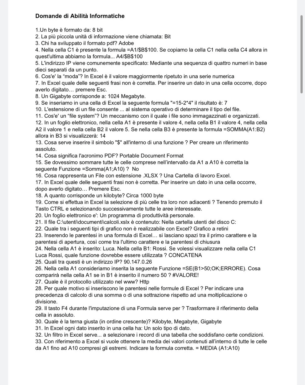 domande di informatica | Schemi e mappe concettuali di Fondamenti di informatica | Docsity