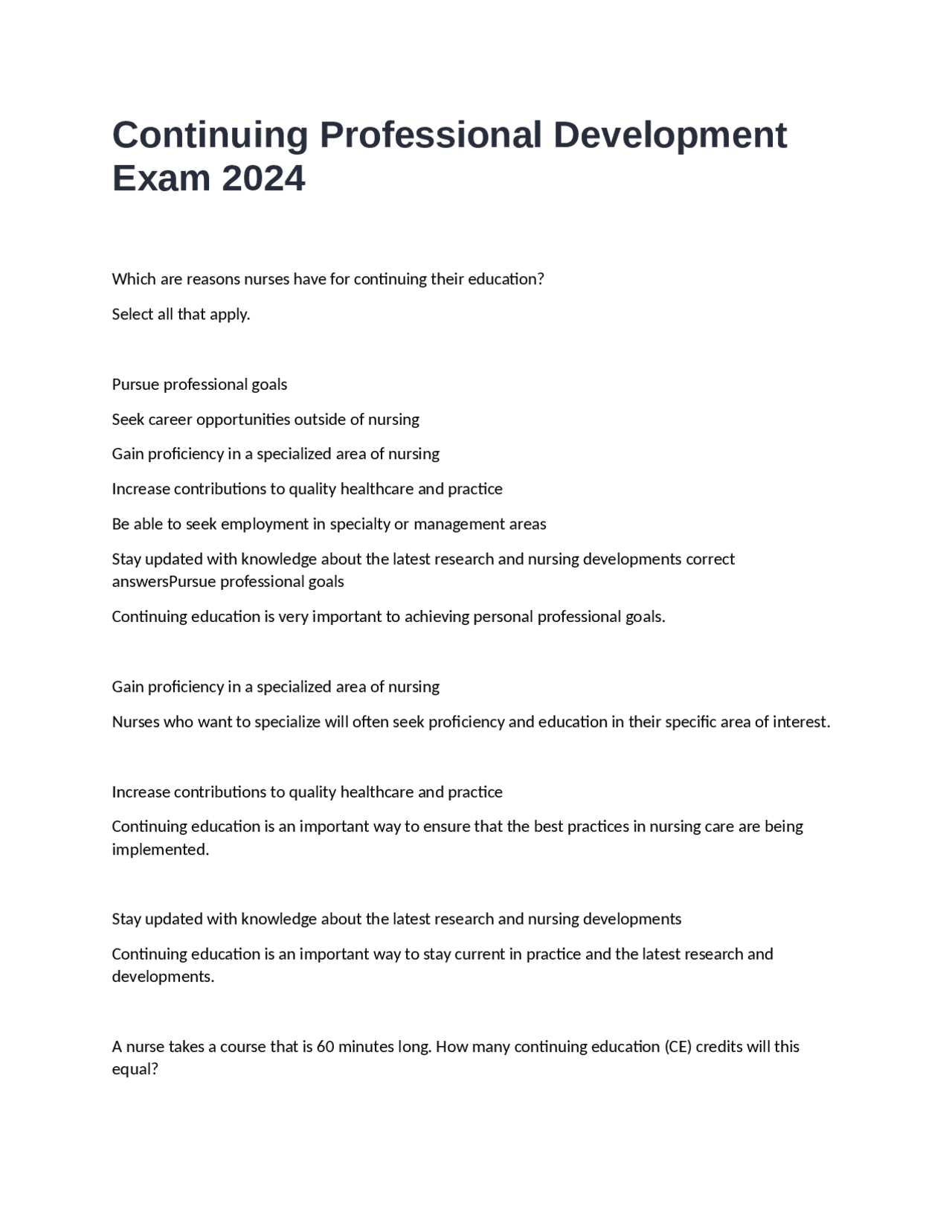 Continuing Professional Development for Nurses: Exam 2024 | Exams Construction | Docsity