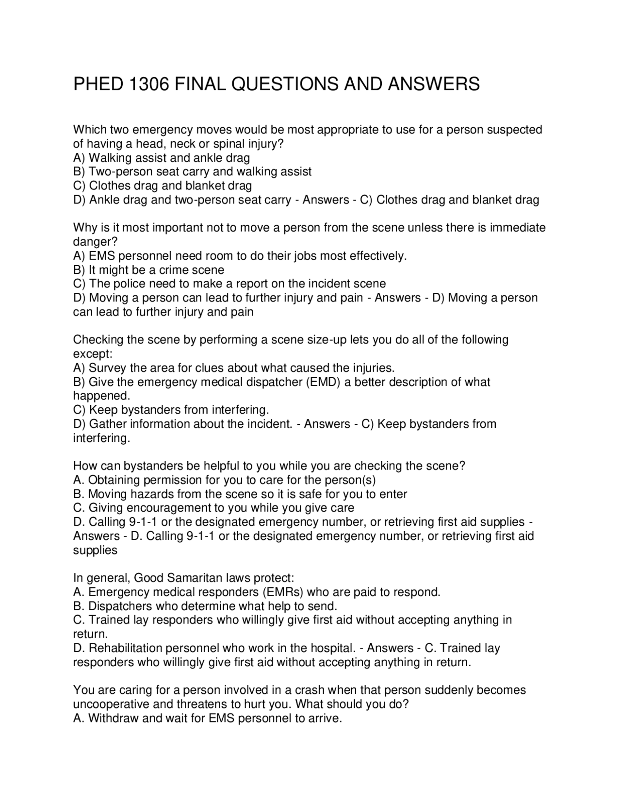 PHED 1306 FINAL QUESTIONS AND ANSWERS | Exams Social Sciences | Docsity