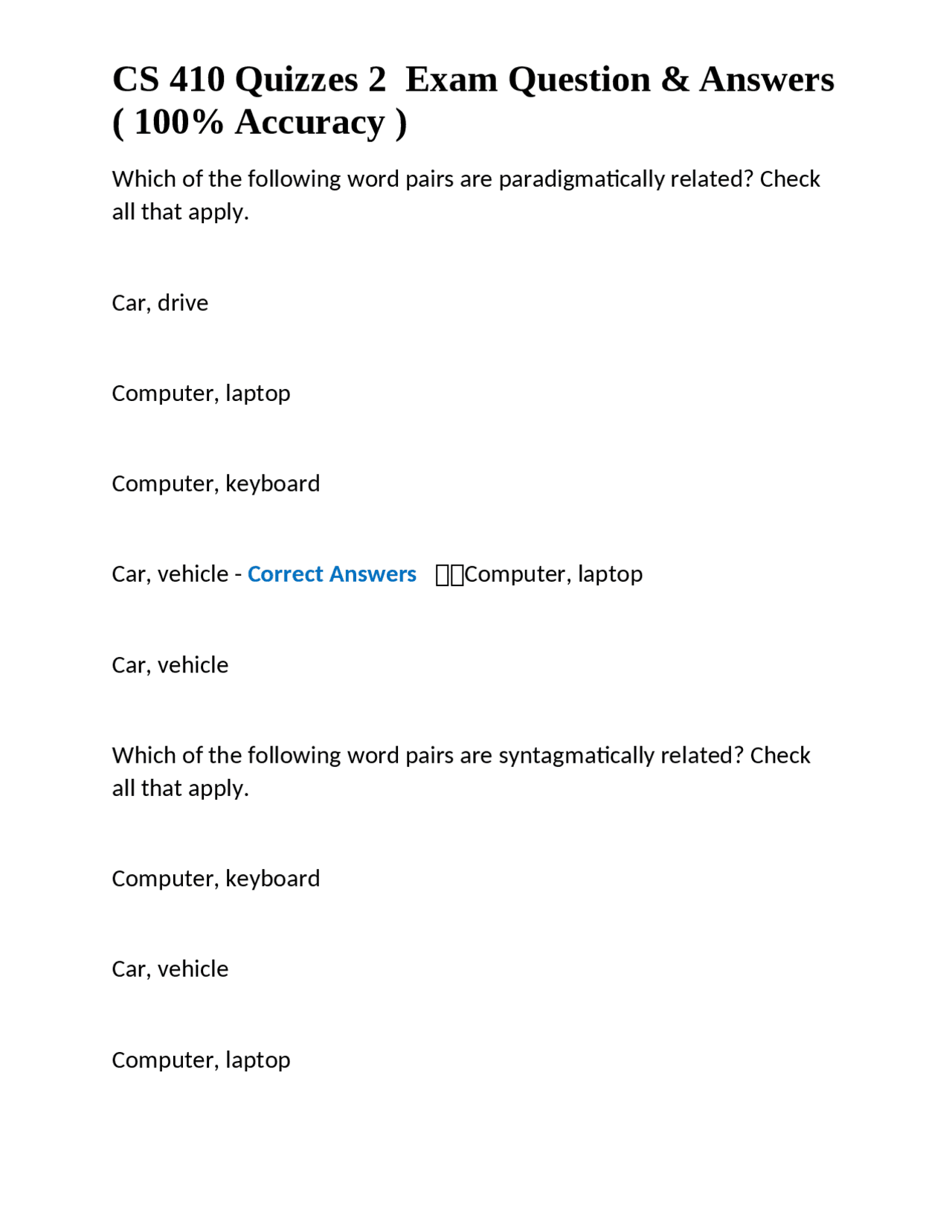 CS 410 Quizzes 2: Exam Questions and Answers | Exams Nursing | Docsity