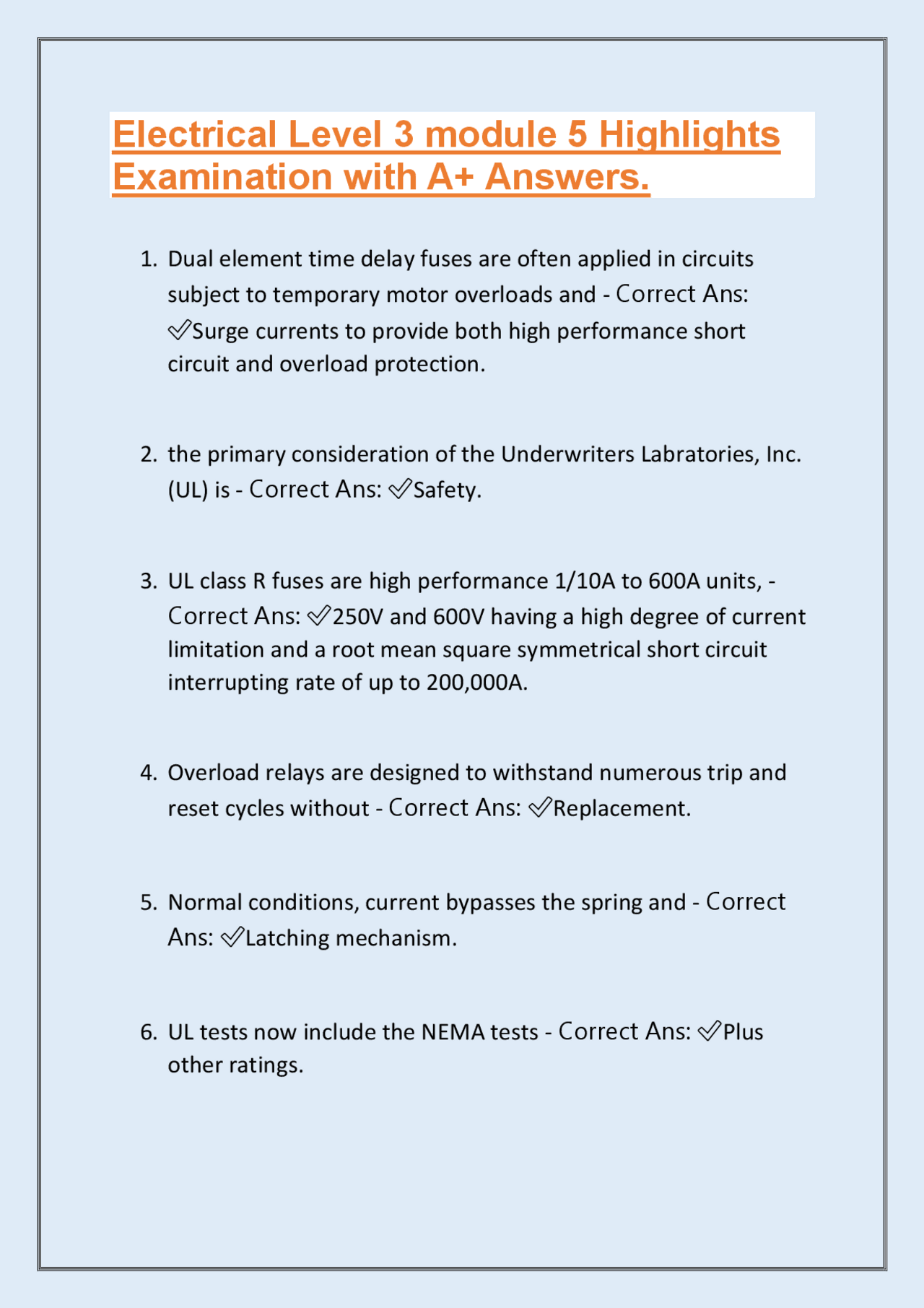 Electrical Level 3 Module 5: Examination with A+ Answers | Exams ...