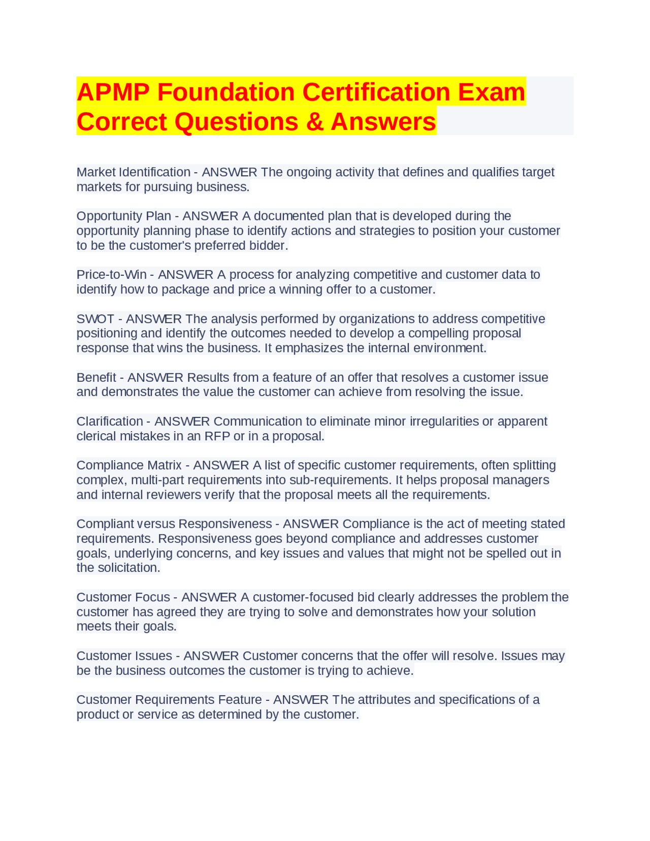 APMP Foundation Certification Exam Correct Questions & Answers | Exams Project Management | Docsity