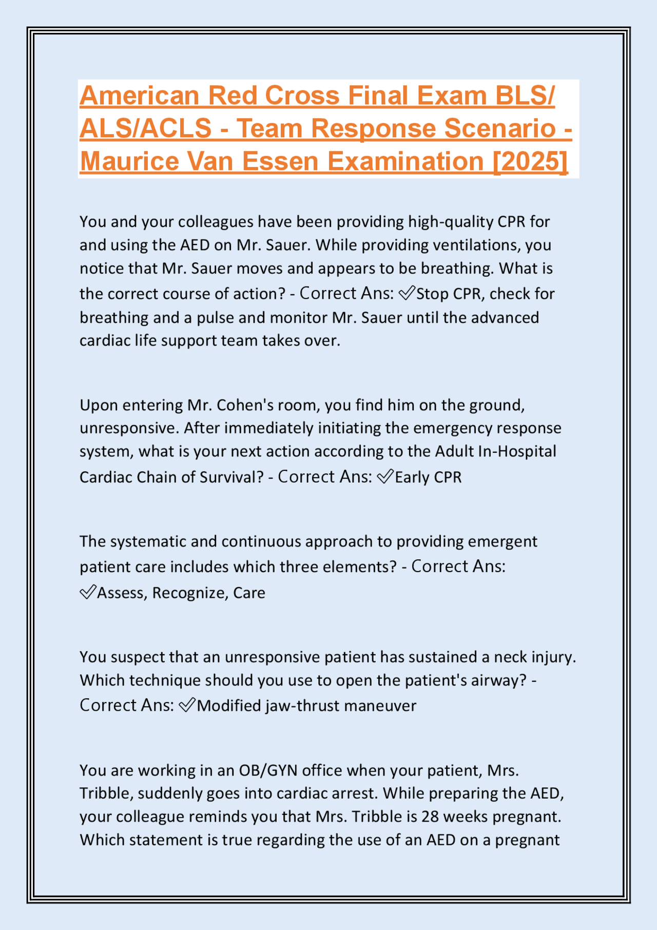 American Red Cross BLS/ALS/ACLS Team Response Scenario | Exams Nursing ...
