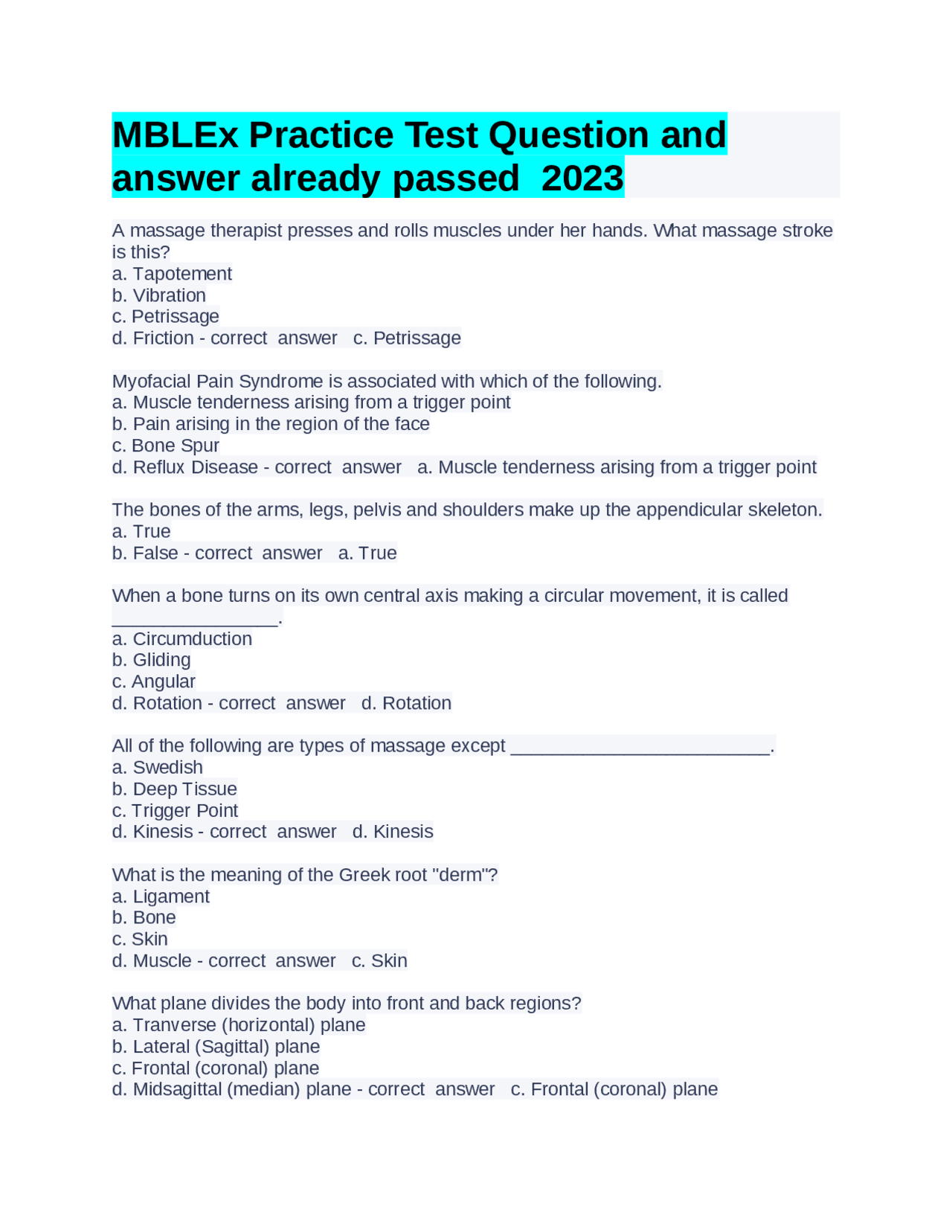 MBLEx Practice Test Questions and Answers: Anatomy, Physiology, and ...