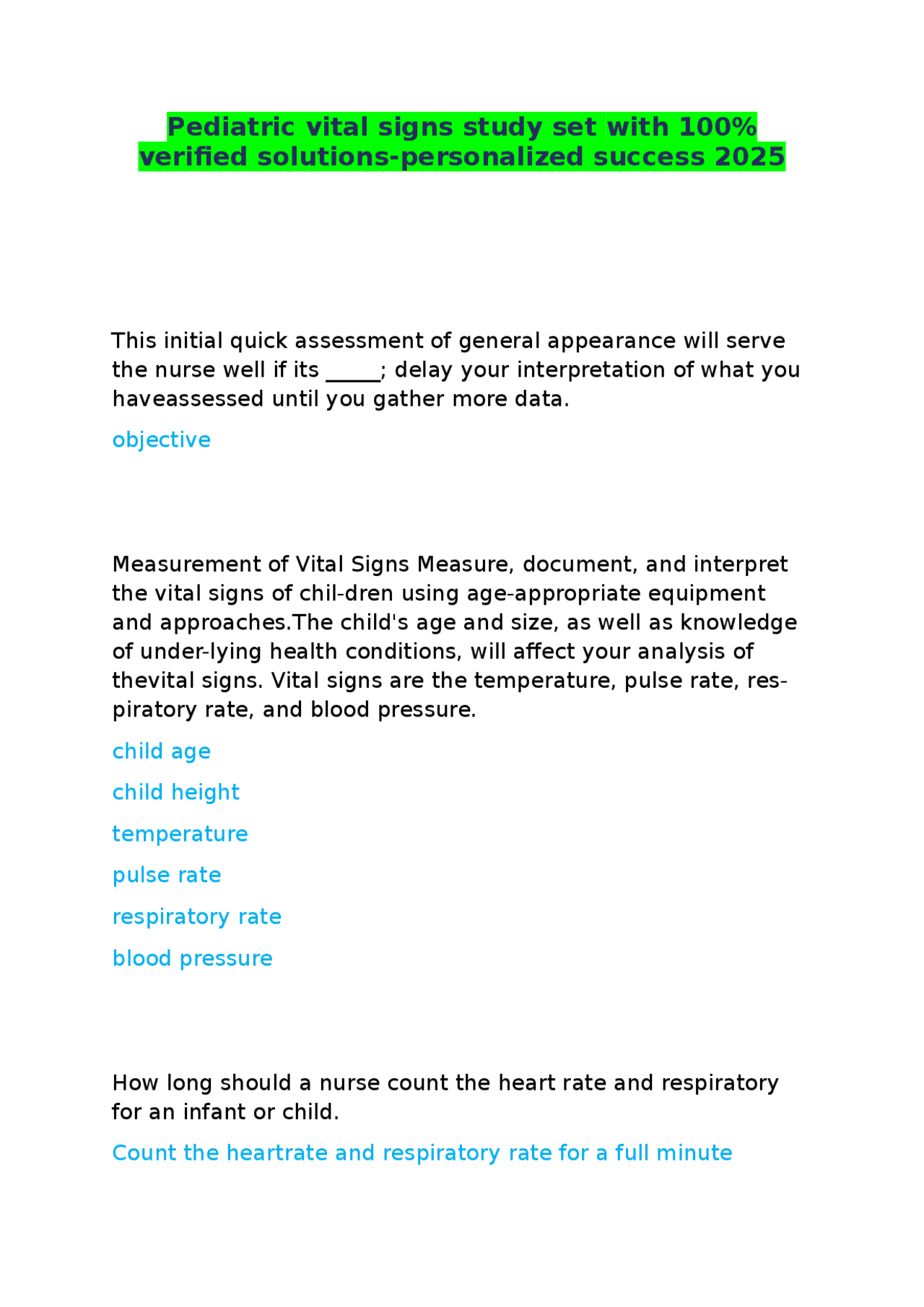 Pediatric vital signs study set with 100% verified solutions ...