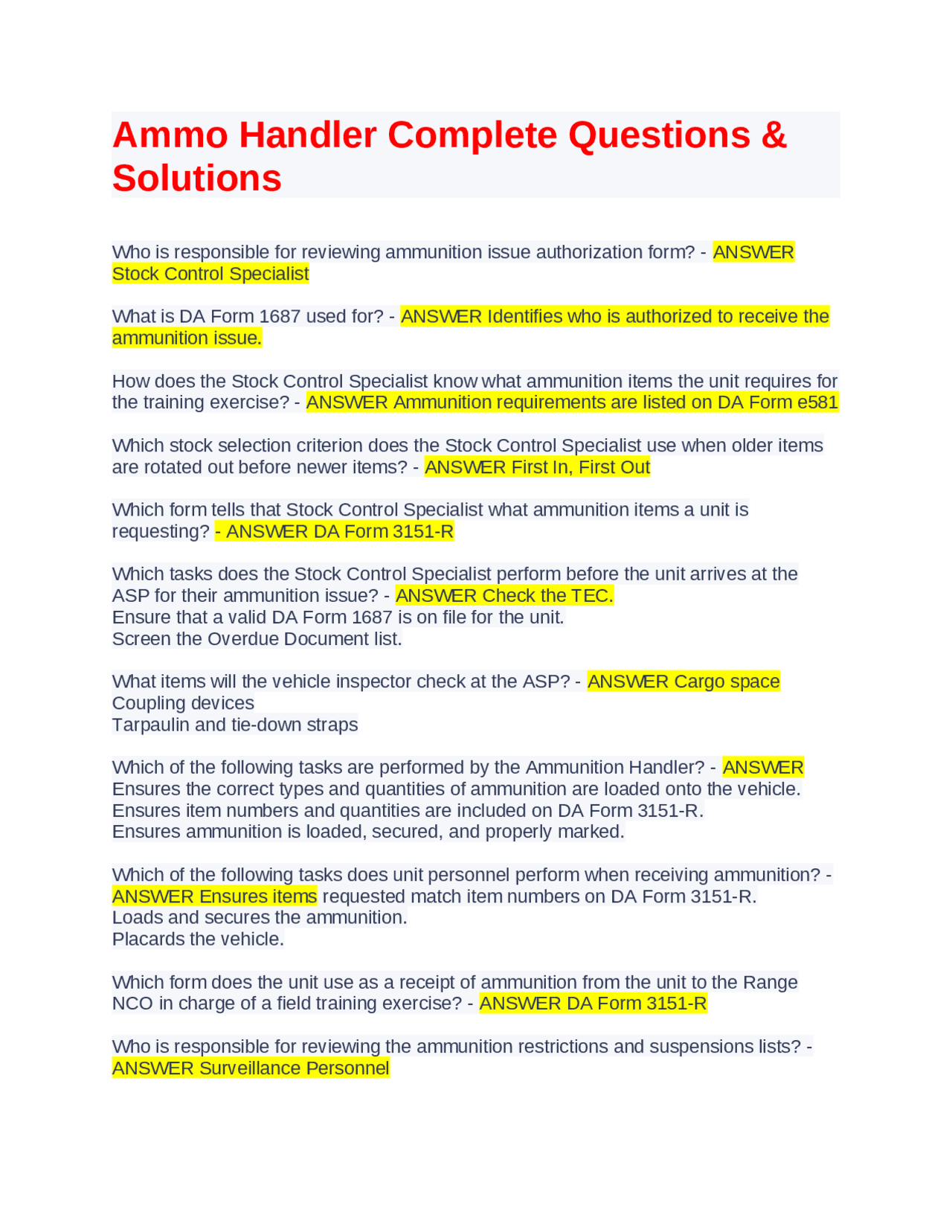 Ammo Handler Complete Questions & Solutions | Exams Physics | Docsity