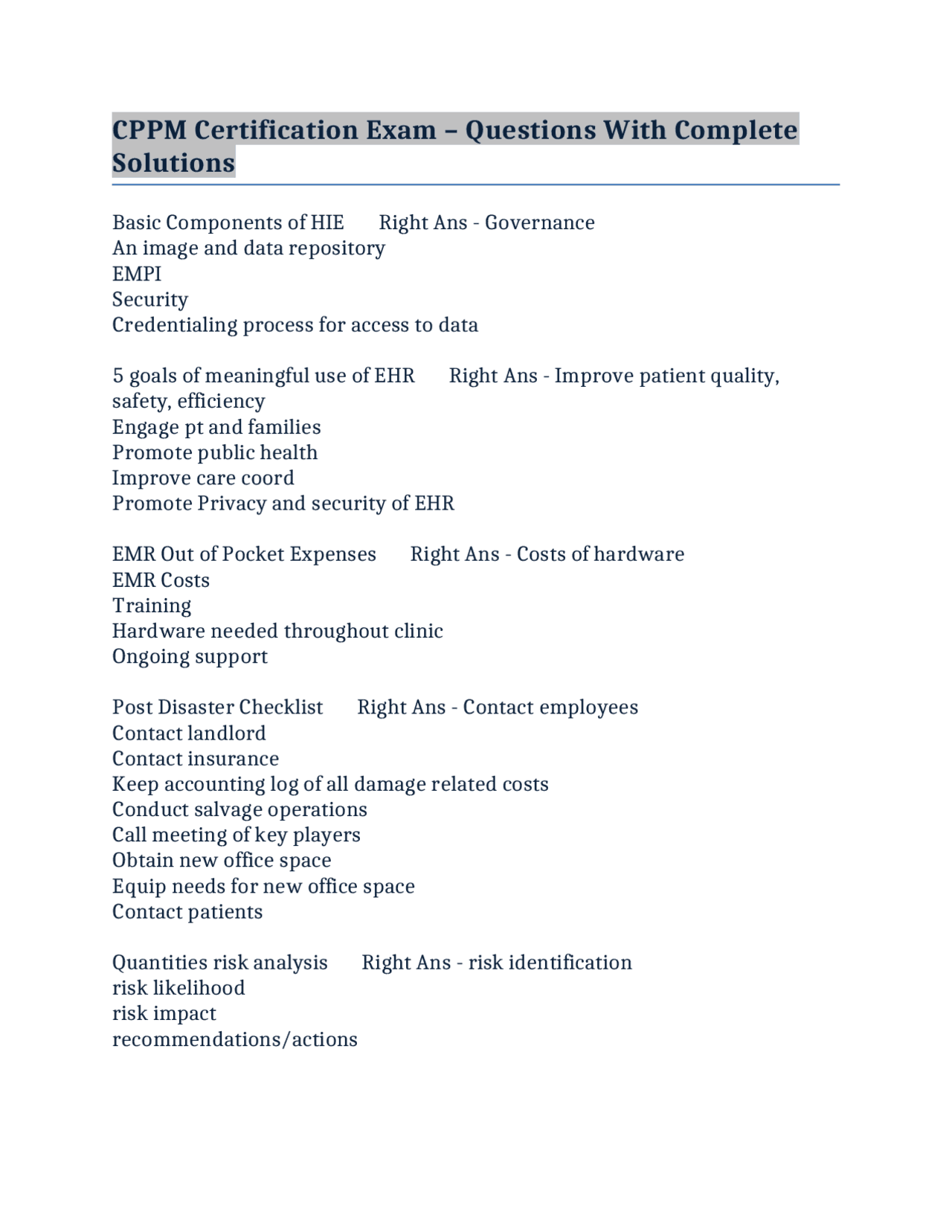 CPPM Certification Exam - Questions and Answers | Exams Nursing | Docsity