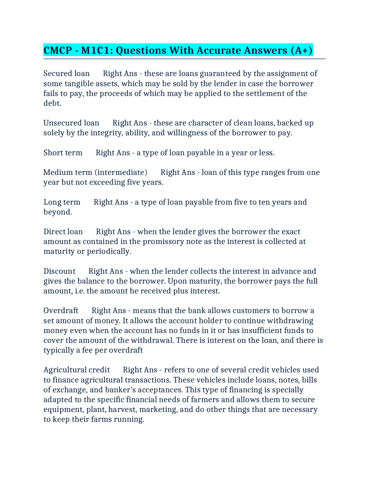 CMCP - M1C1: Questions With Accurate Answers (A+) | Exams Nursing | Docsity