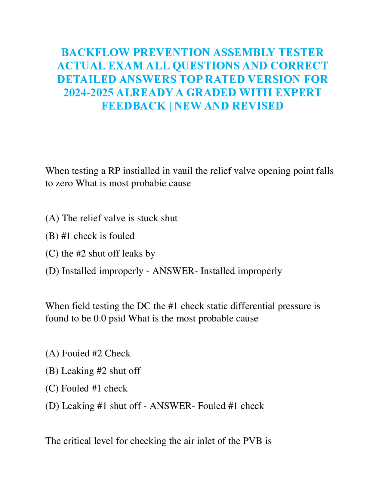 Backflow Prevention Assembly Tester Exam Questions and Answers | Exams ...