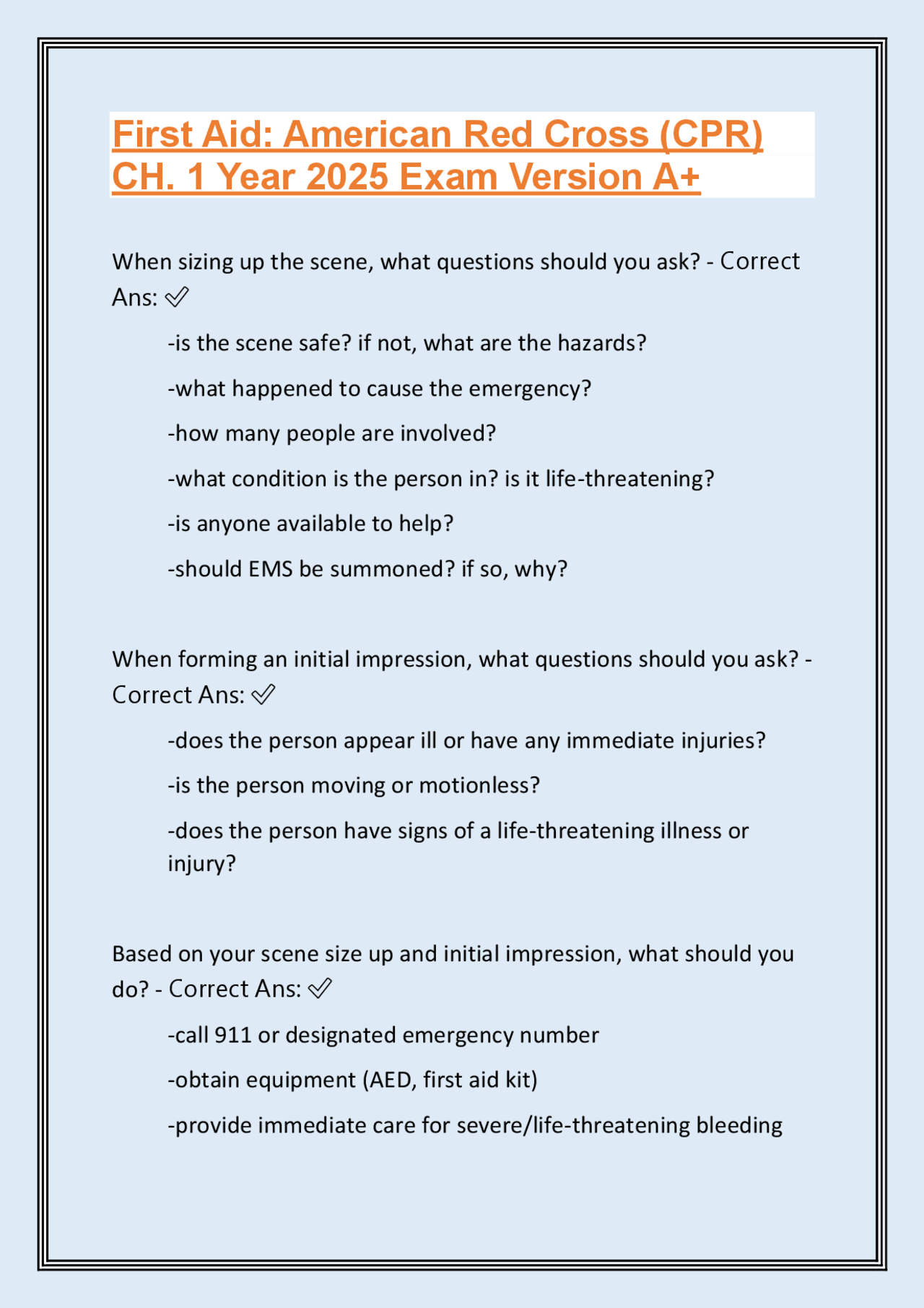 First Aid: American Red Cross (CPR) - Exam Questions and Answers ...