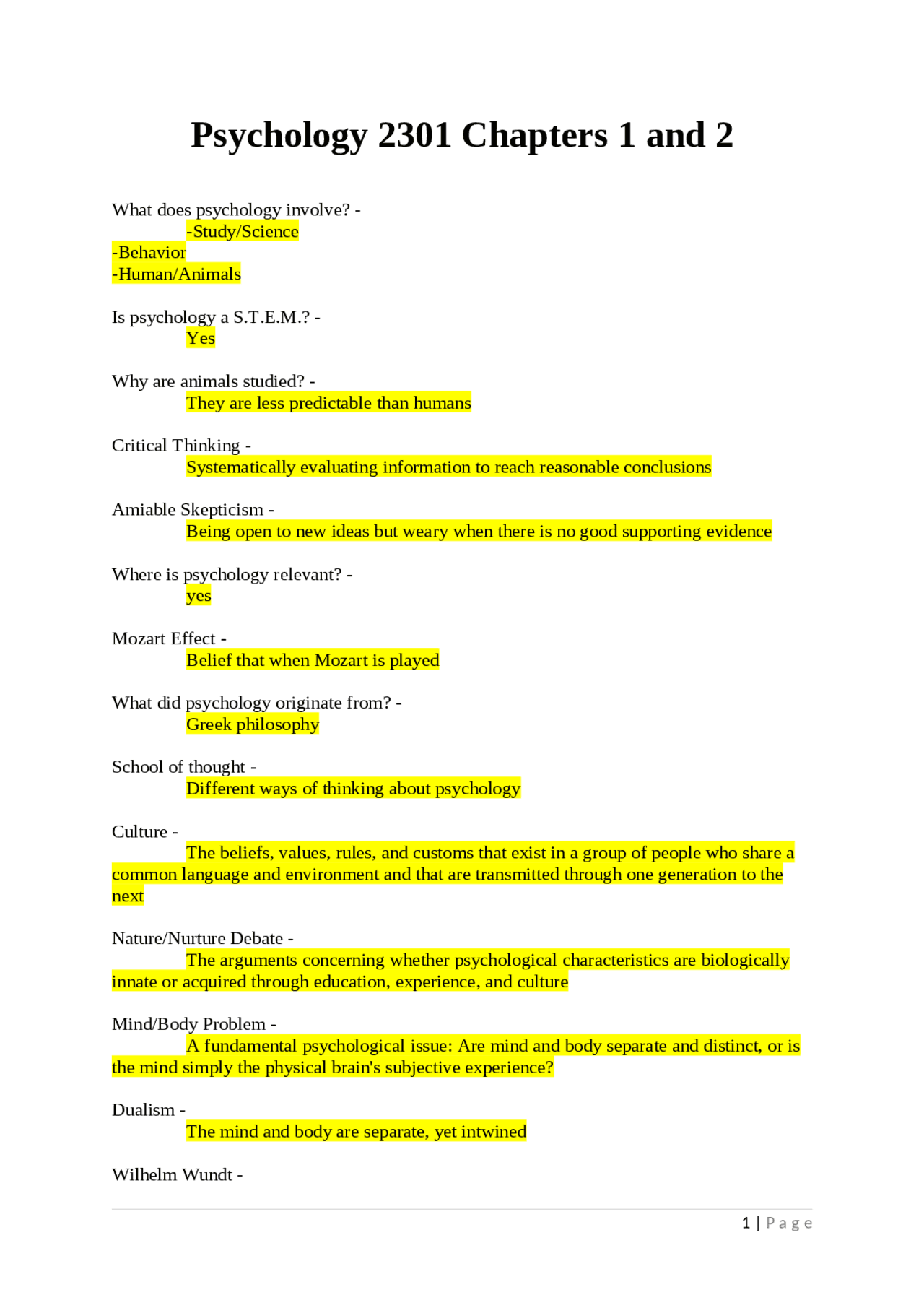 Introduction to Psychology: Chapters 1 and 2 - Key Concepts and ...