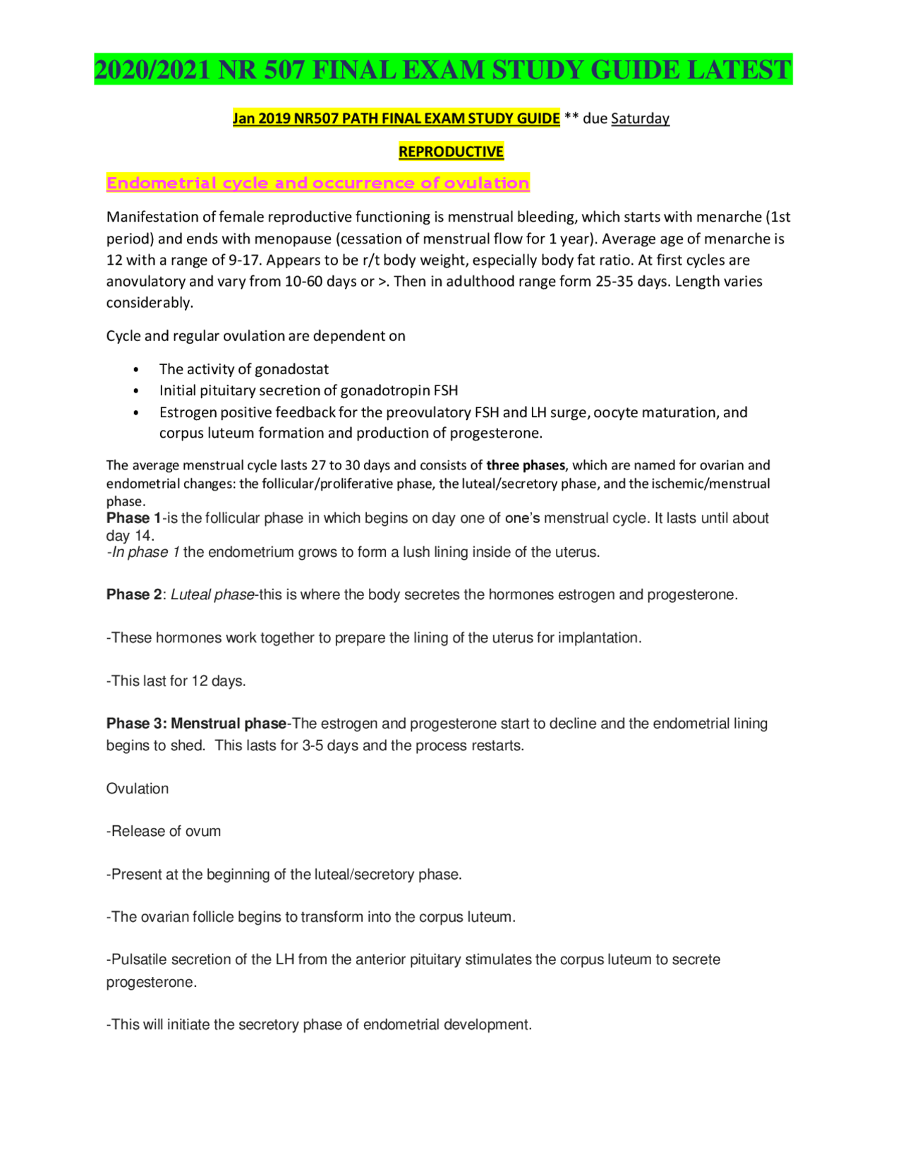 NR 507 Final Exam Study Guide: Reproductive System | Exams Public ...